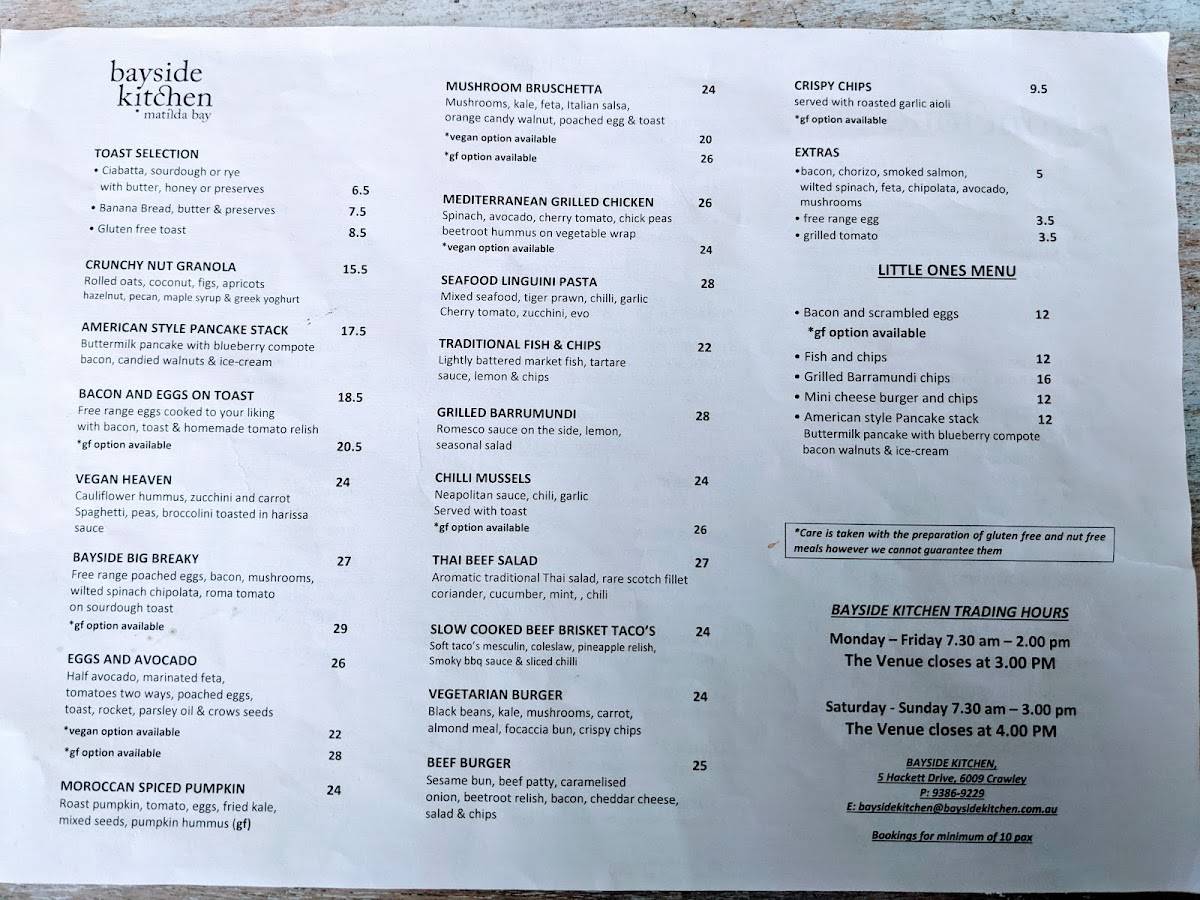 Menu at Bayside Kitchen cafe, Crawley