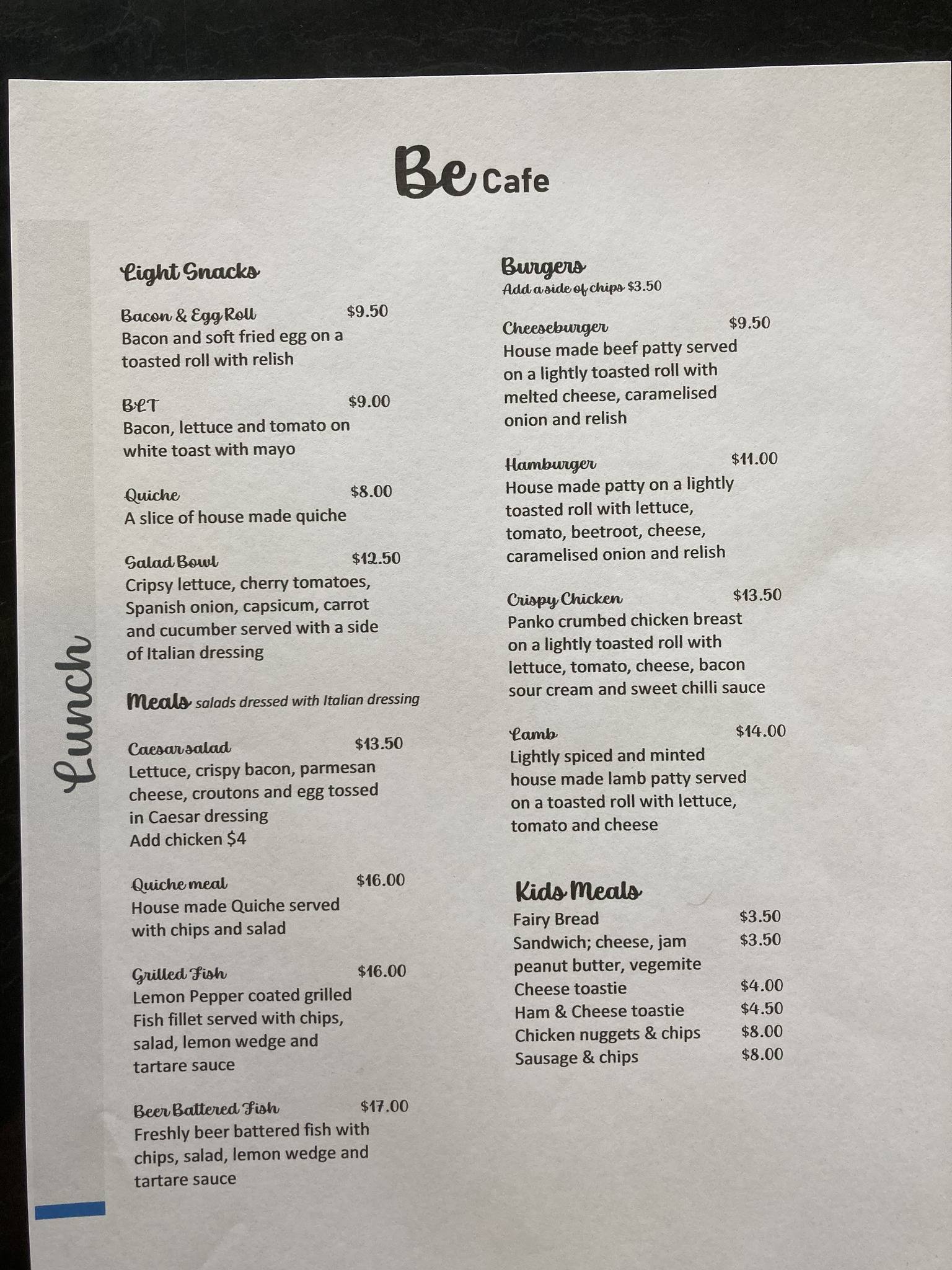 Menu at Be Cafe, Parkes