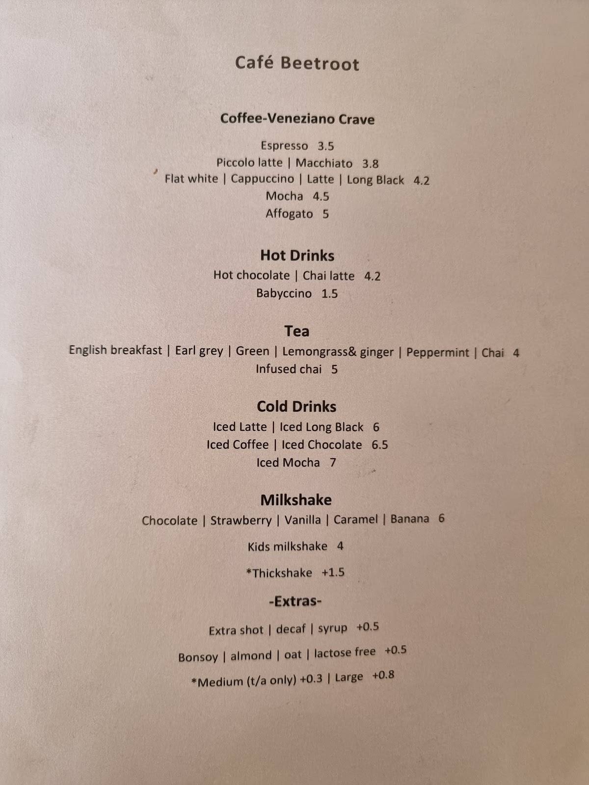 Menu at Cafe Beetroot, Greenway