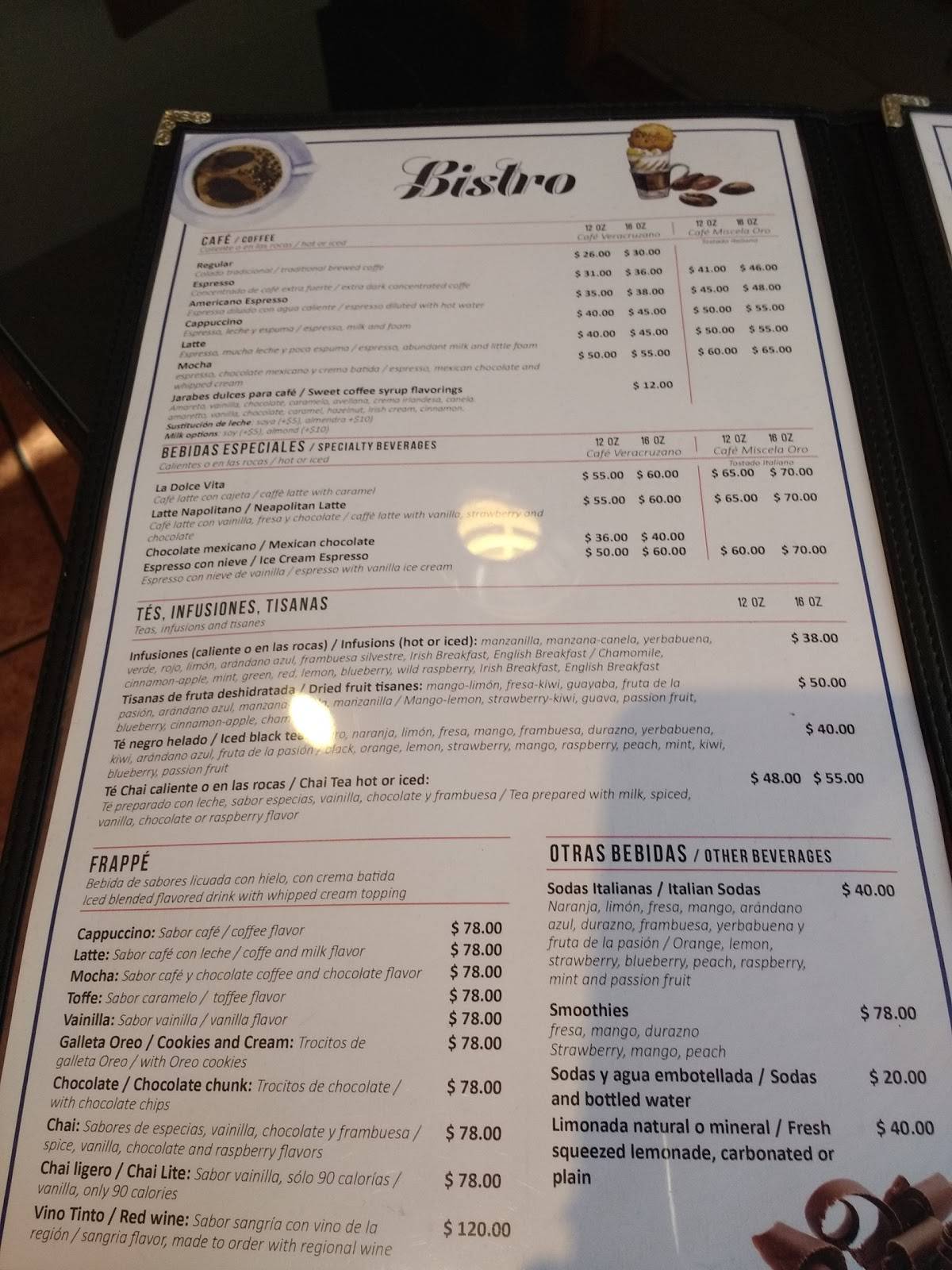 Carta del café Bistro Zu Taza, Ensenada