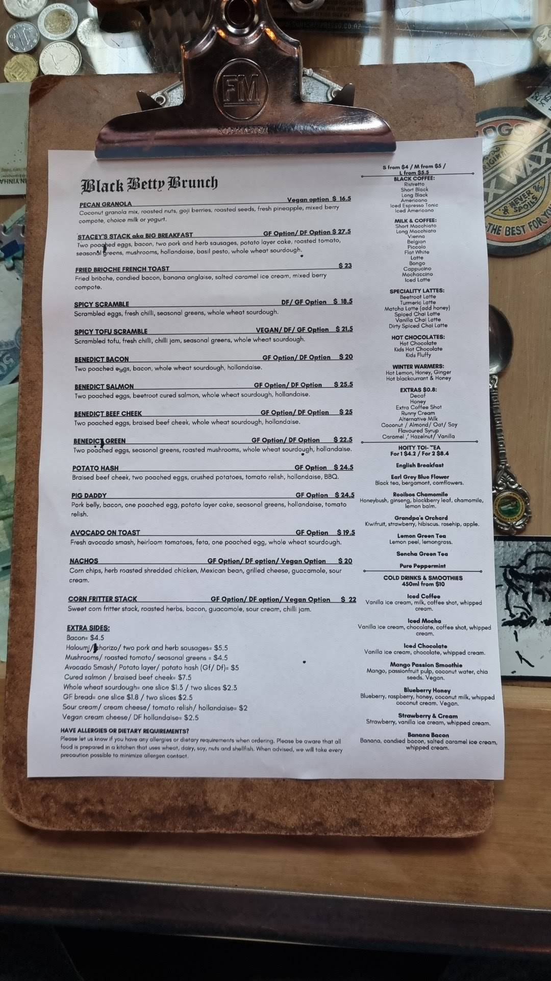 Menu at Black Betty Cafe, Christchurch