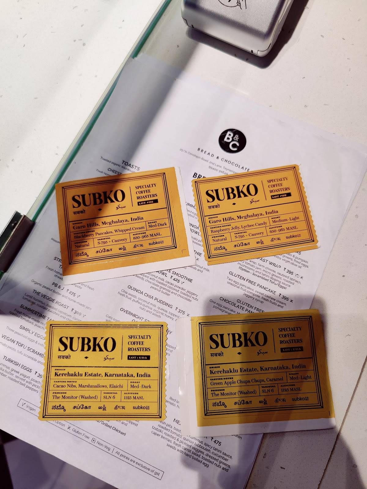 Menu at SOWL, Chennai