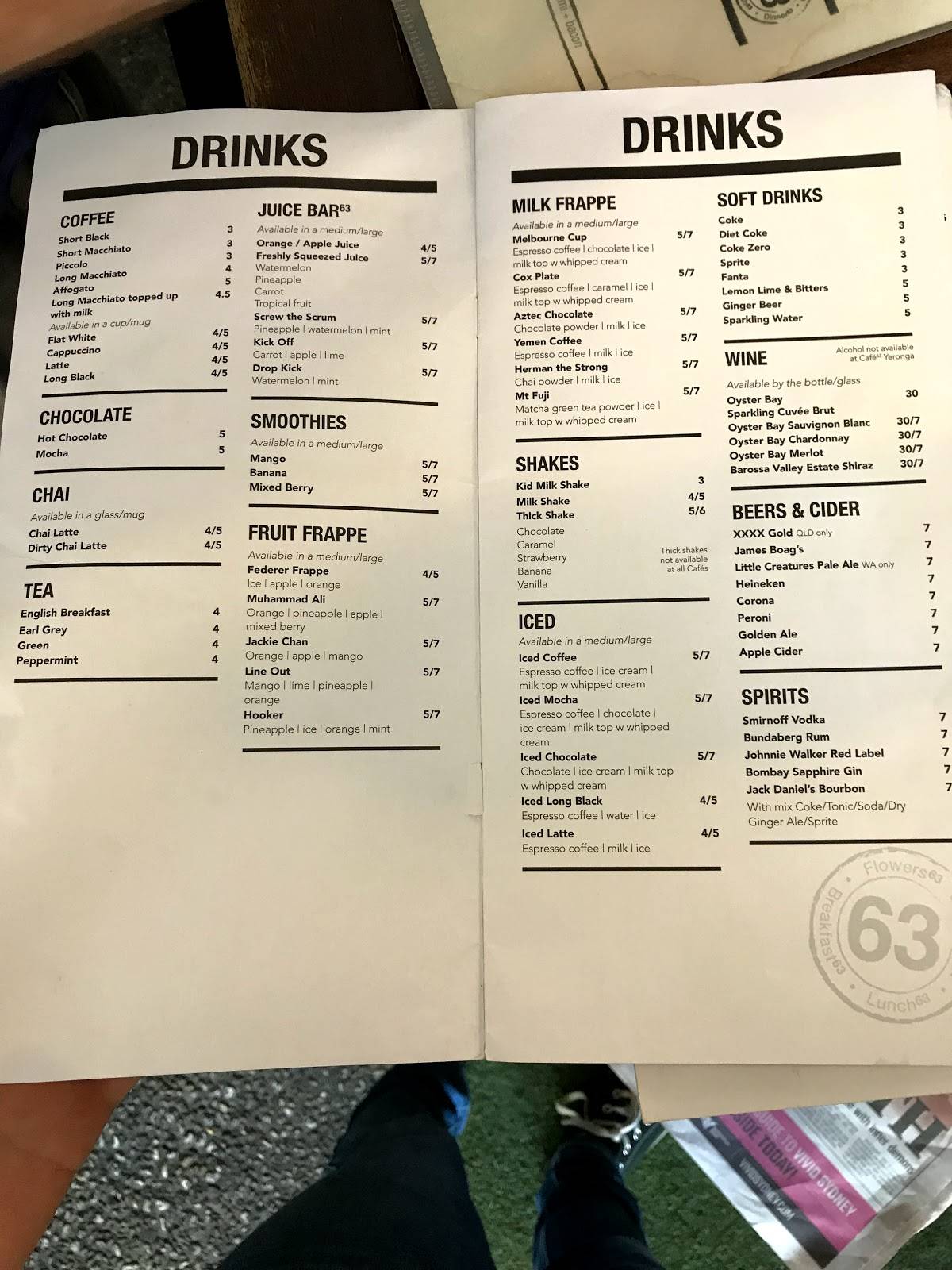Menu at Cafe 63, South Brisbane, 7/220 Melbourne St