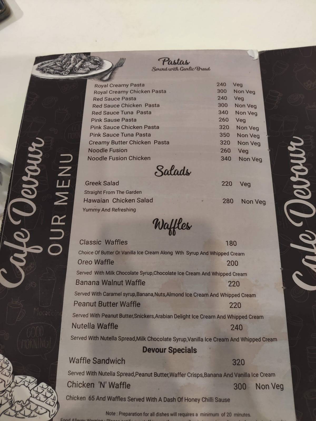 Menu at Cafe Devour - 1950 The London cafe, Thiruvananthapuram