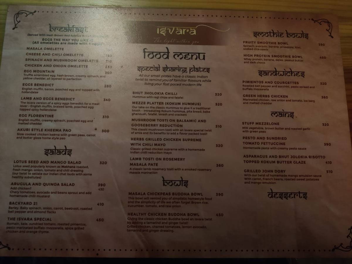 Menu at Cafe Isvara, Mumbai