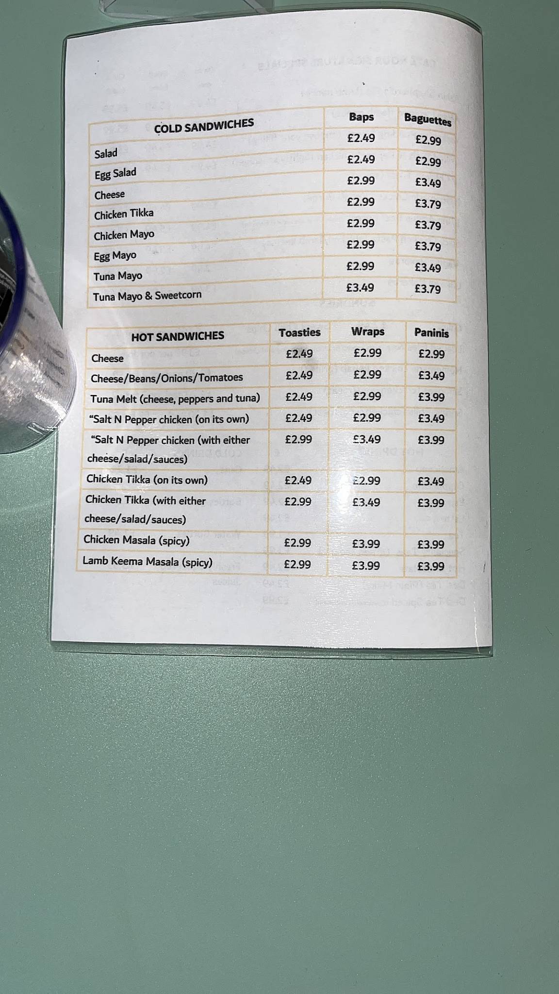Menu at Cafe Noor, Rotherham