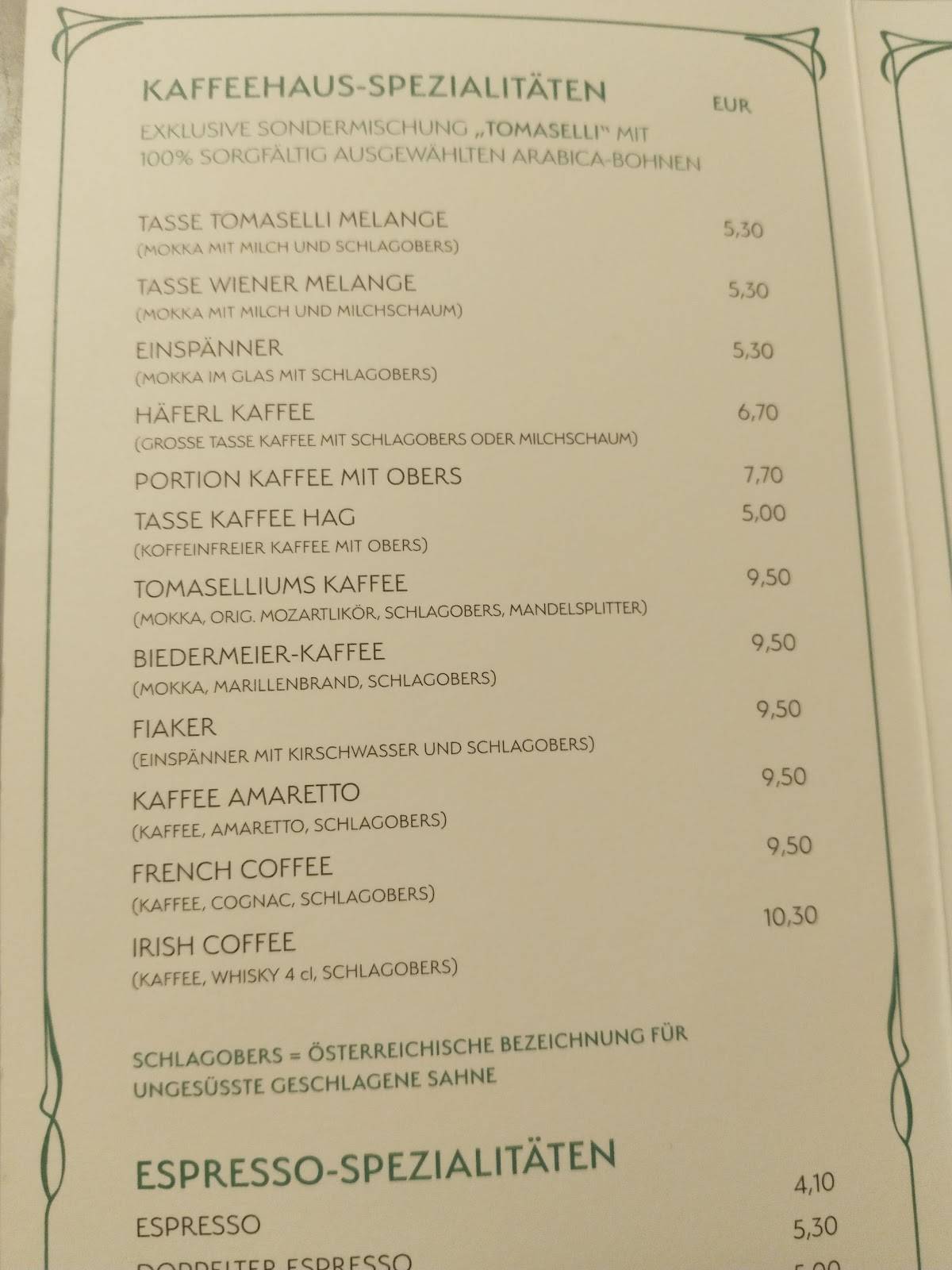 Menu at Café Tomaselli cafe, Salzburg