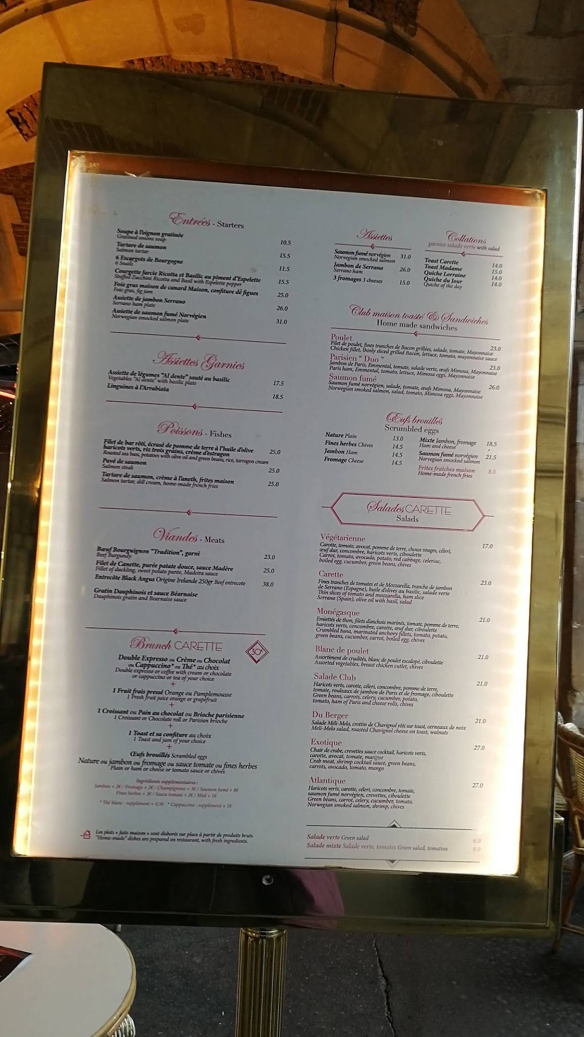 Menu at Carette pub & bar, Paris, 25 Pl. des Vosges