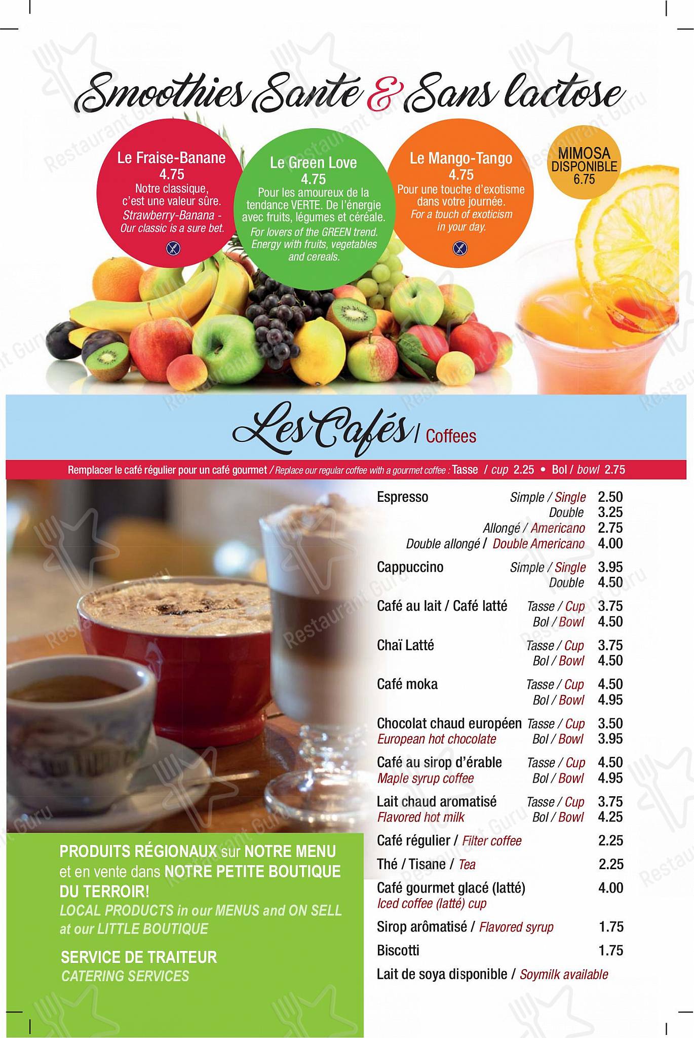 Menu au Café Chez-Nous, La Malbaie