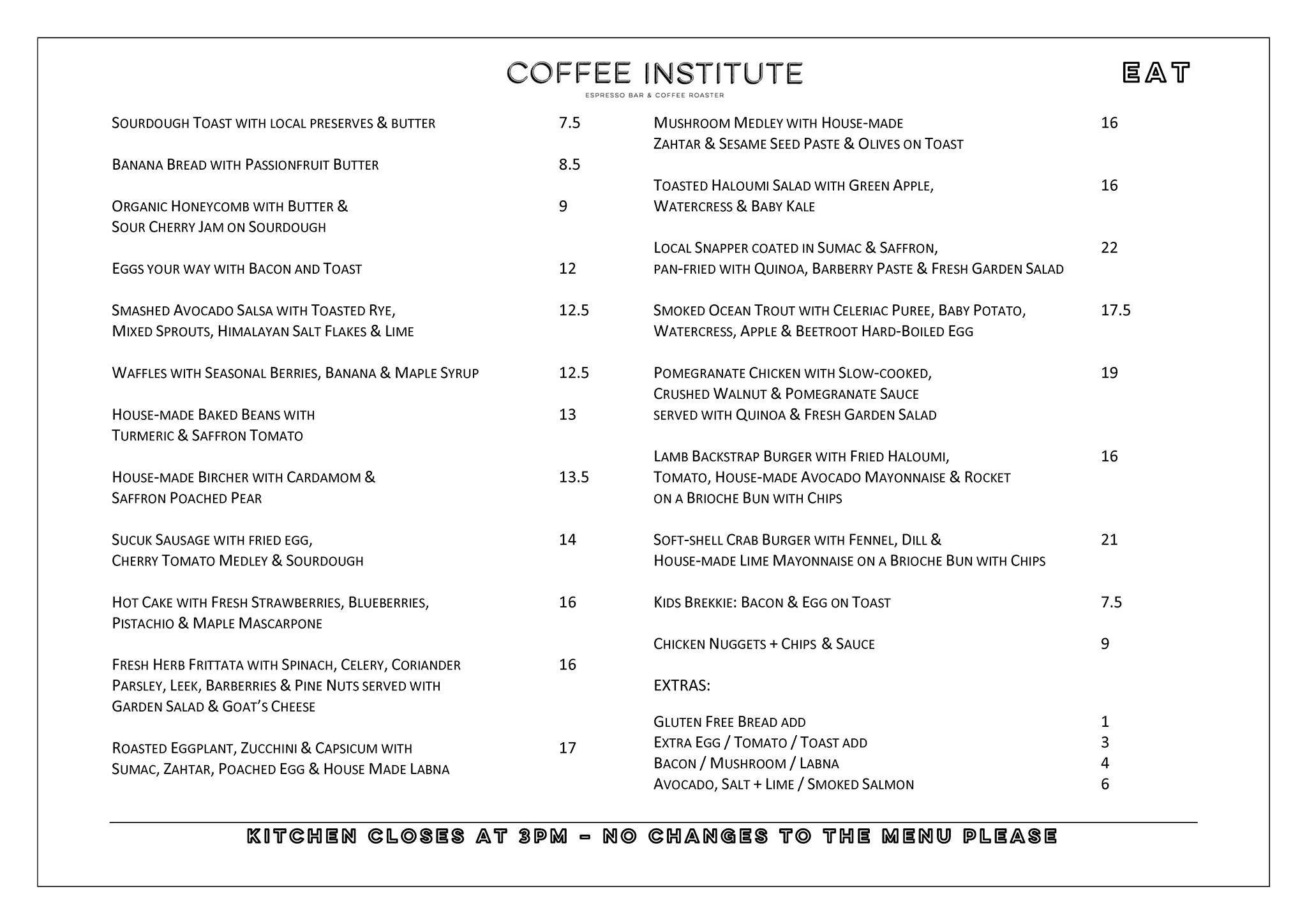 Menu at Coffee Institute cafe, Walkerville, 96 Walkerville Terrace