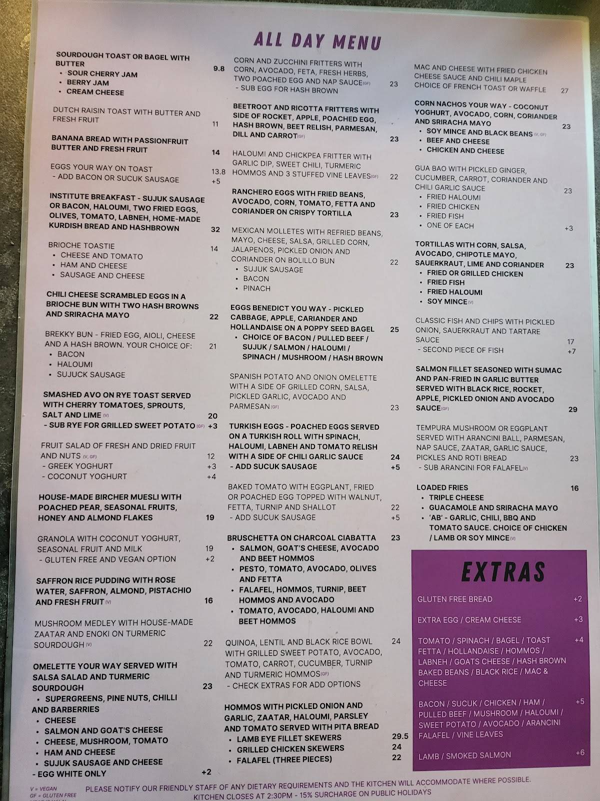 Menu at Coffee Institute cafe, Walkerville, 96 Walkerville Terrace