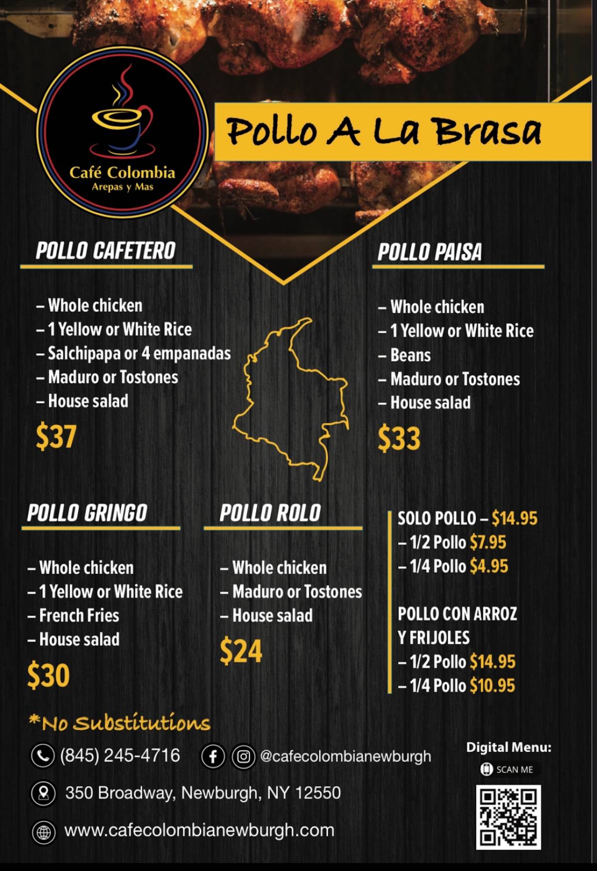 Carta de Cafe Colombia Arepas y Mas, Newburgh