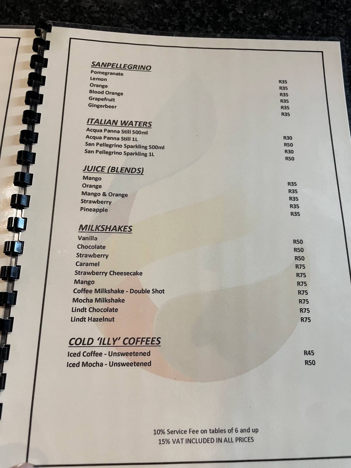 Menu at Café Crave restaurant, Cape Town