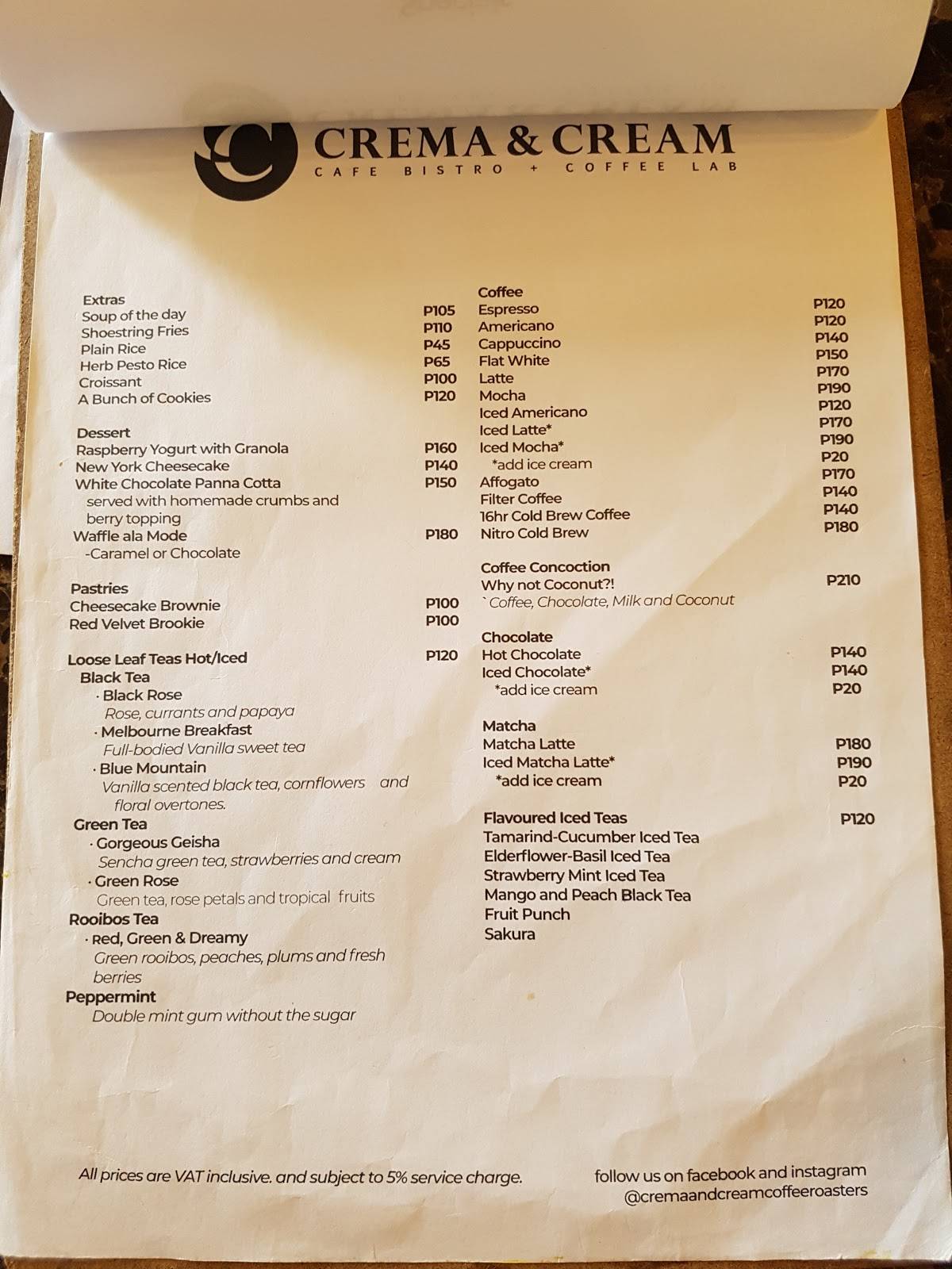 Menu at Crema & Cream Cafe Bistro + Coffee Lab, Quezon City