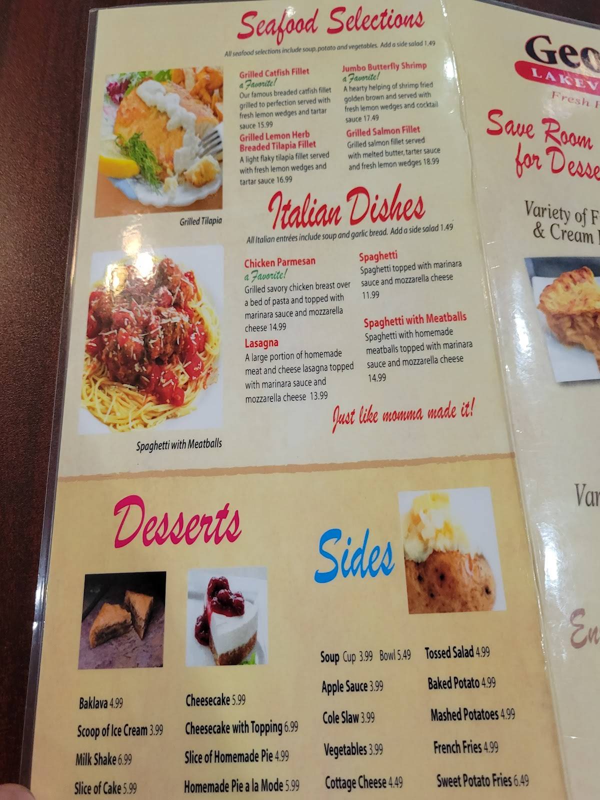 Menu at George's Cafe, Sun City