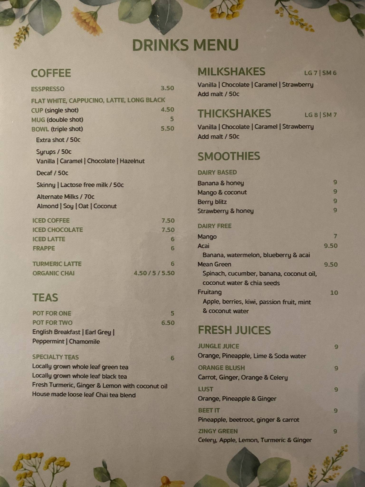 Menu at Jalla's Cafe, Woodford