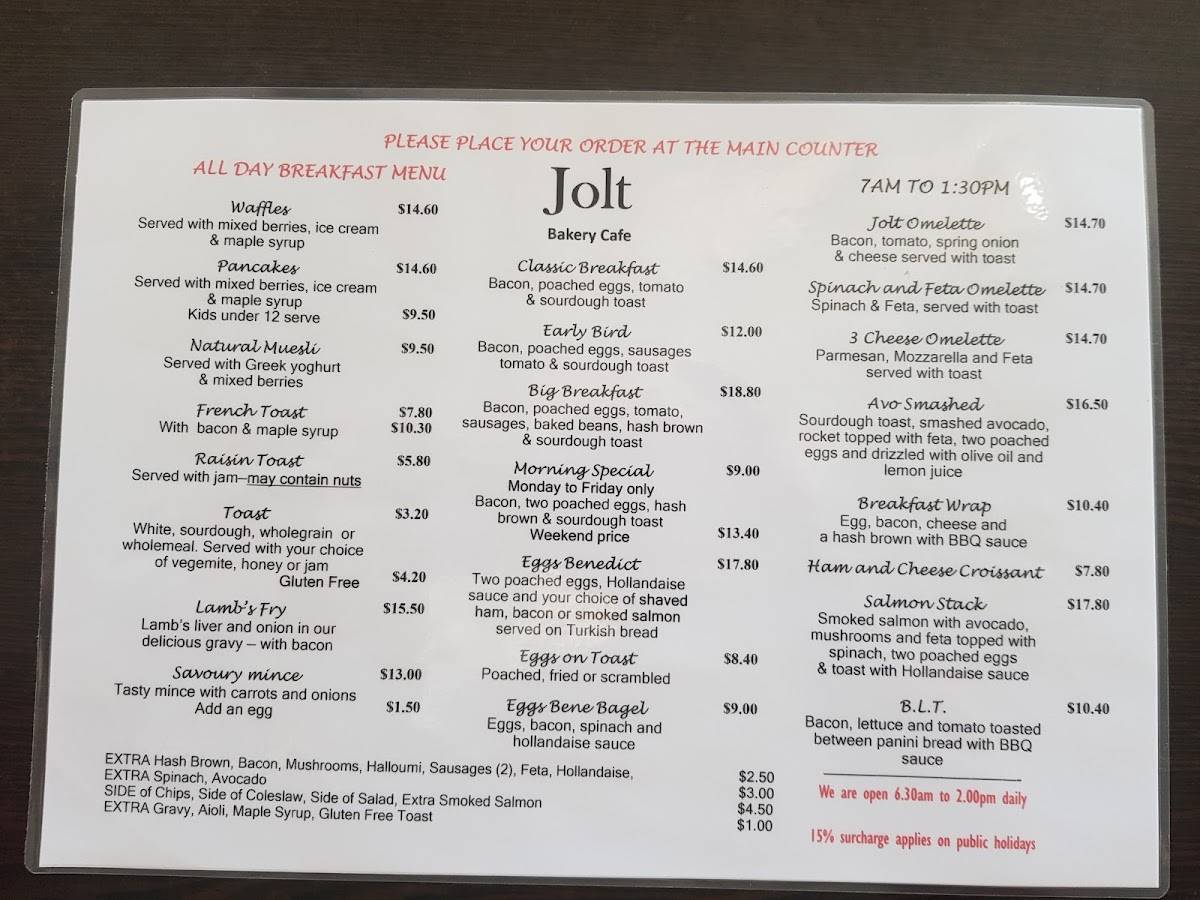 Menu at Jolt Bakery Cafe Yeppoon, Yeppoon