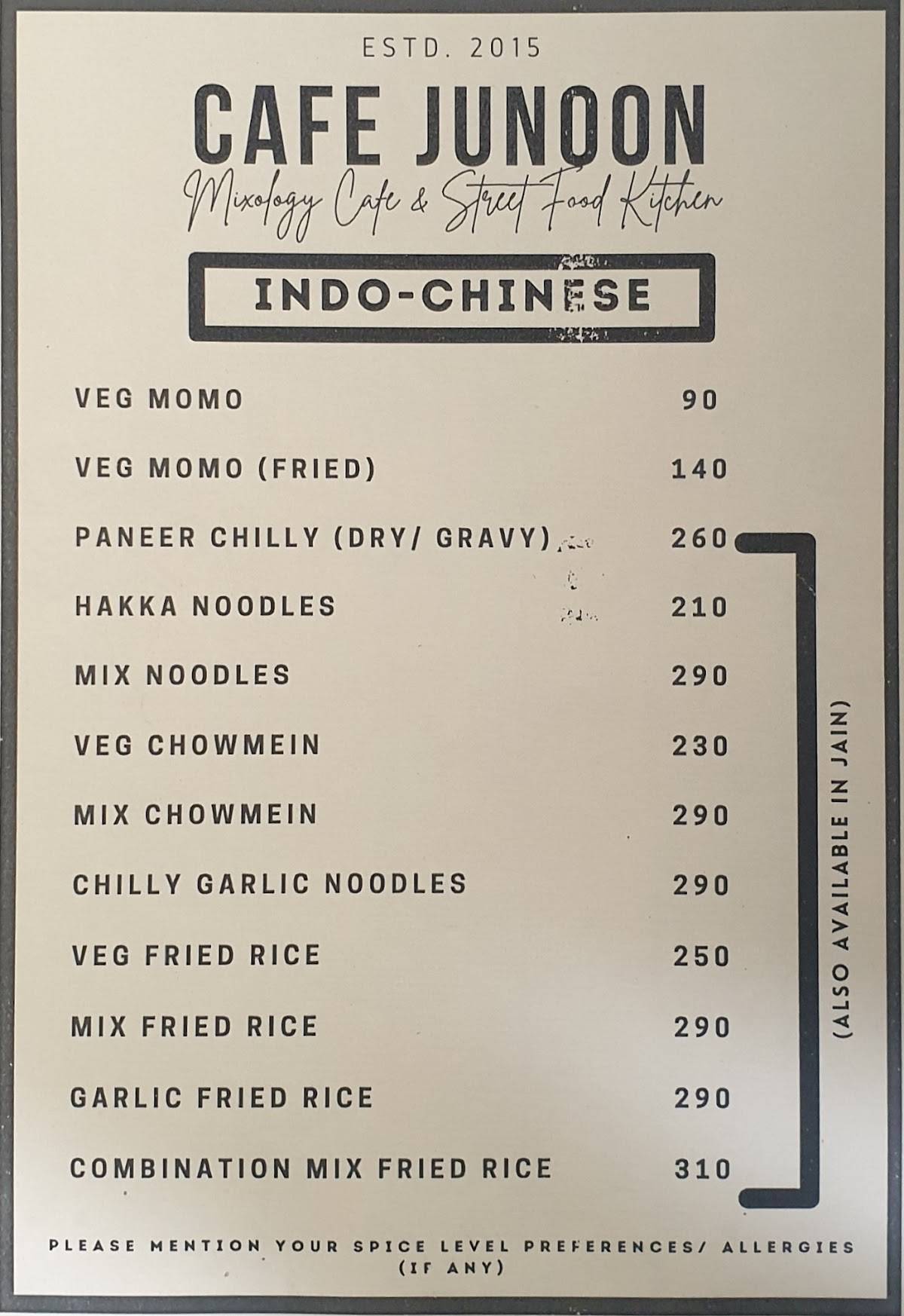 Menu at Cafe Junoon, Raipur, Golden Trade Center