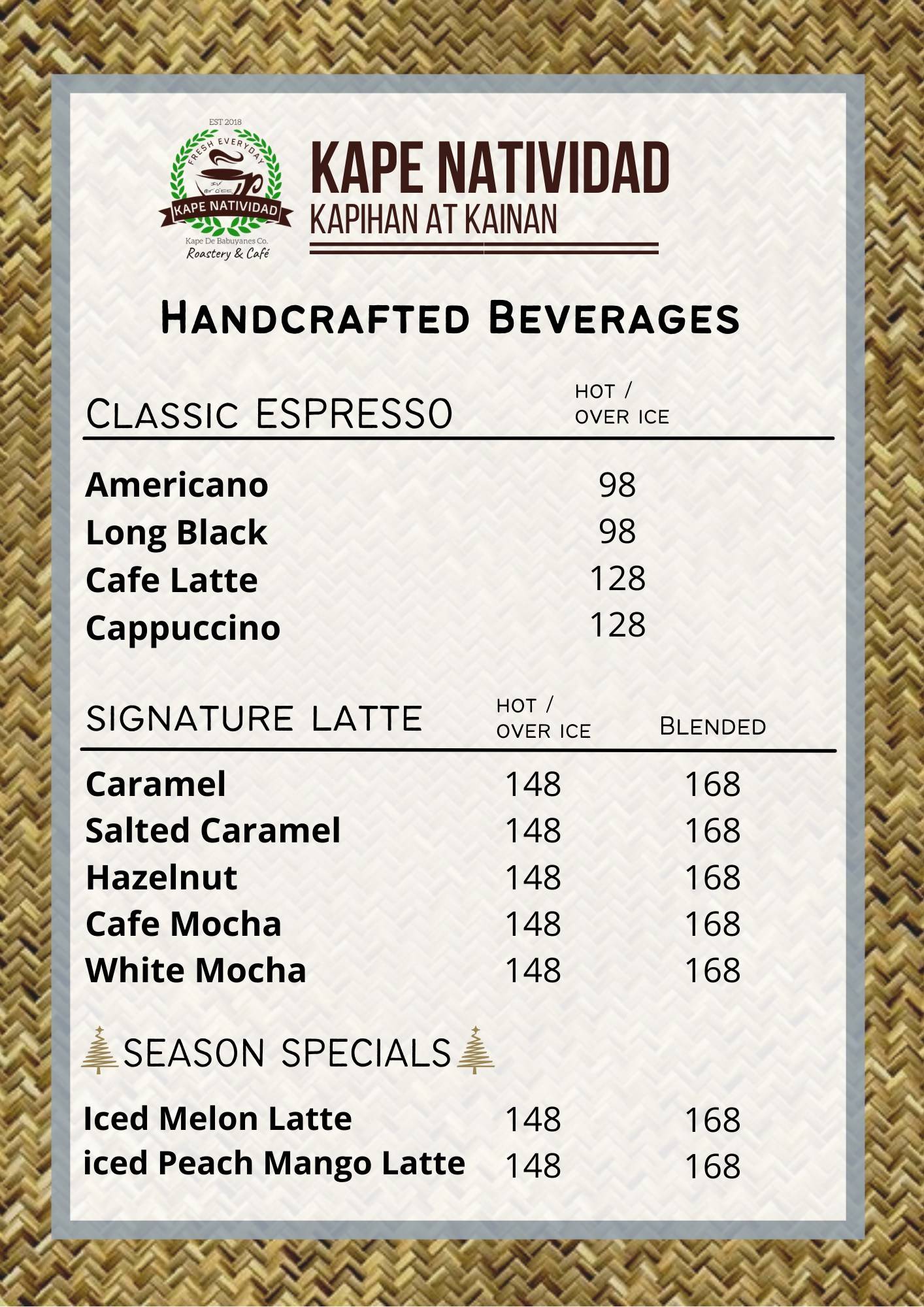 Carta del restaurante Kape Natividad Marilaque Tanay, Rizal, Tanay