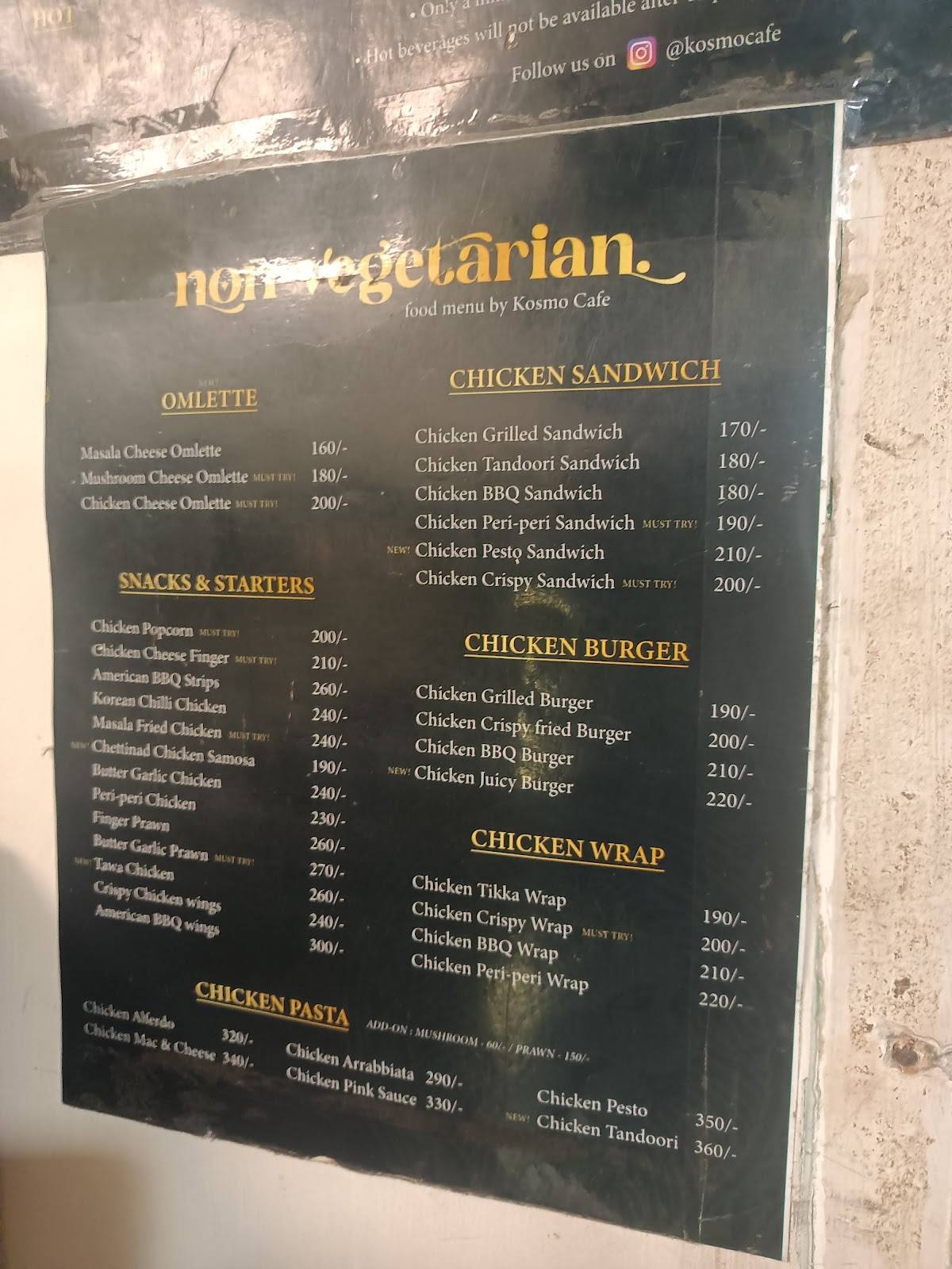 Menu at Kosmo cafe, Chennai