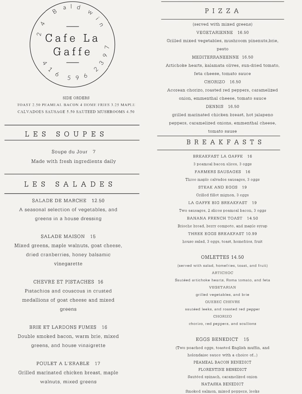 Menu at Cafe La Gaffe, Toronto