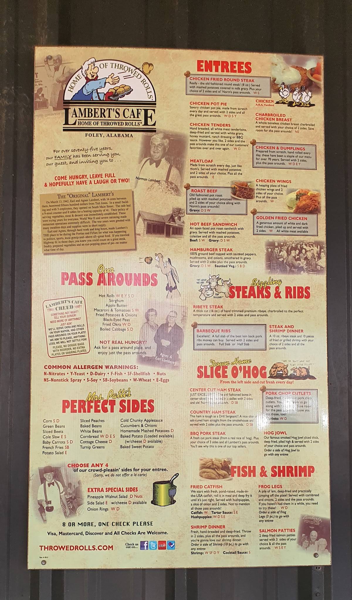 Menu at Lambert's Cafe, Foley, S McKenzie St