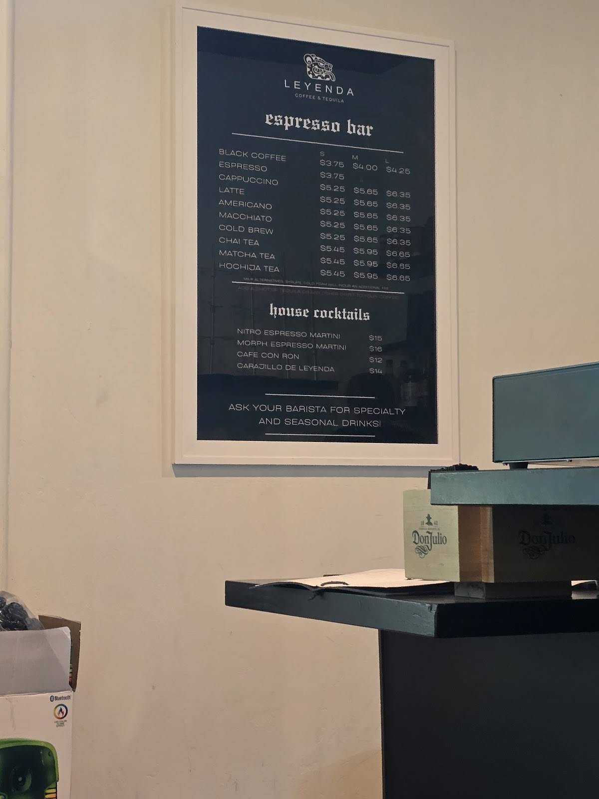 Menu at Leyenda Coffee & Tequila cafe, Midland
