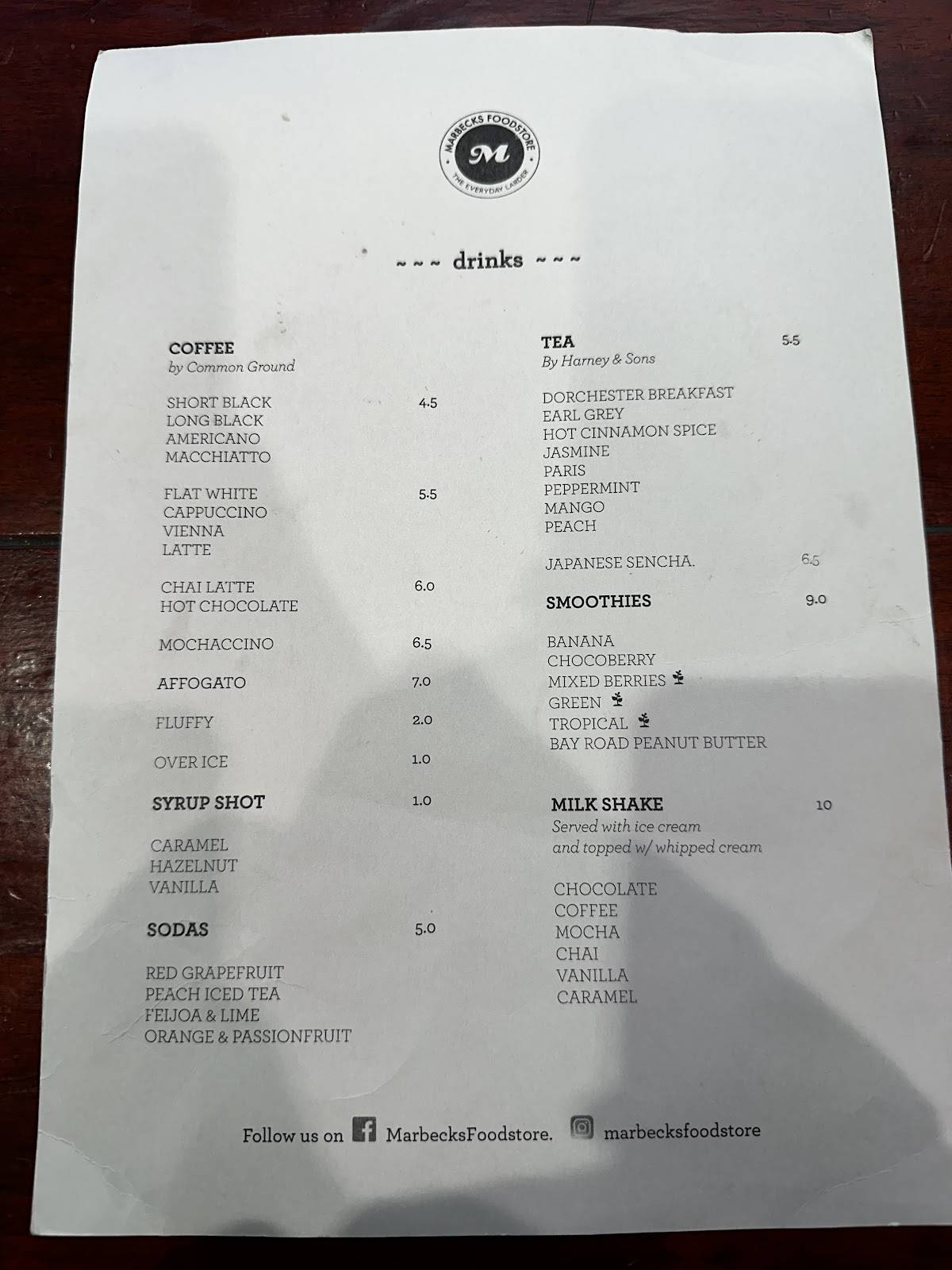 Menu at Marbecks Cafe & Foodstore, Dunedin