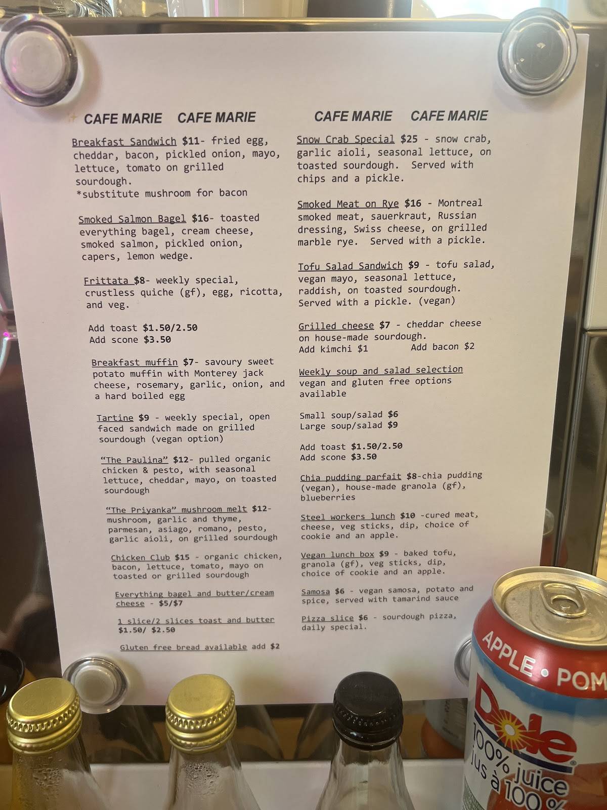 Menu au Cafe Marie, Sydney