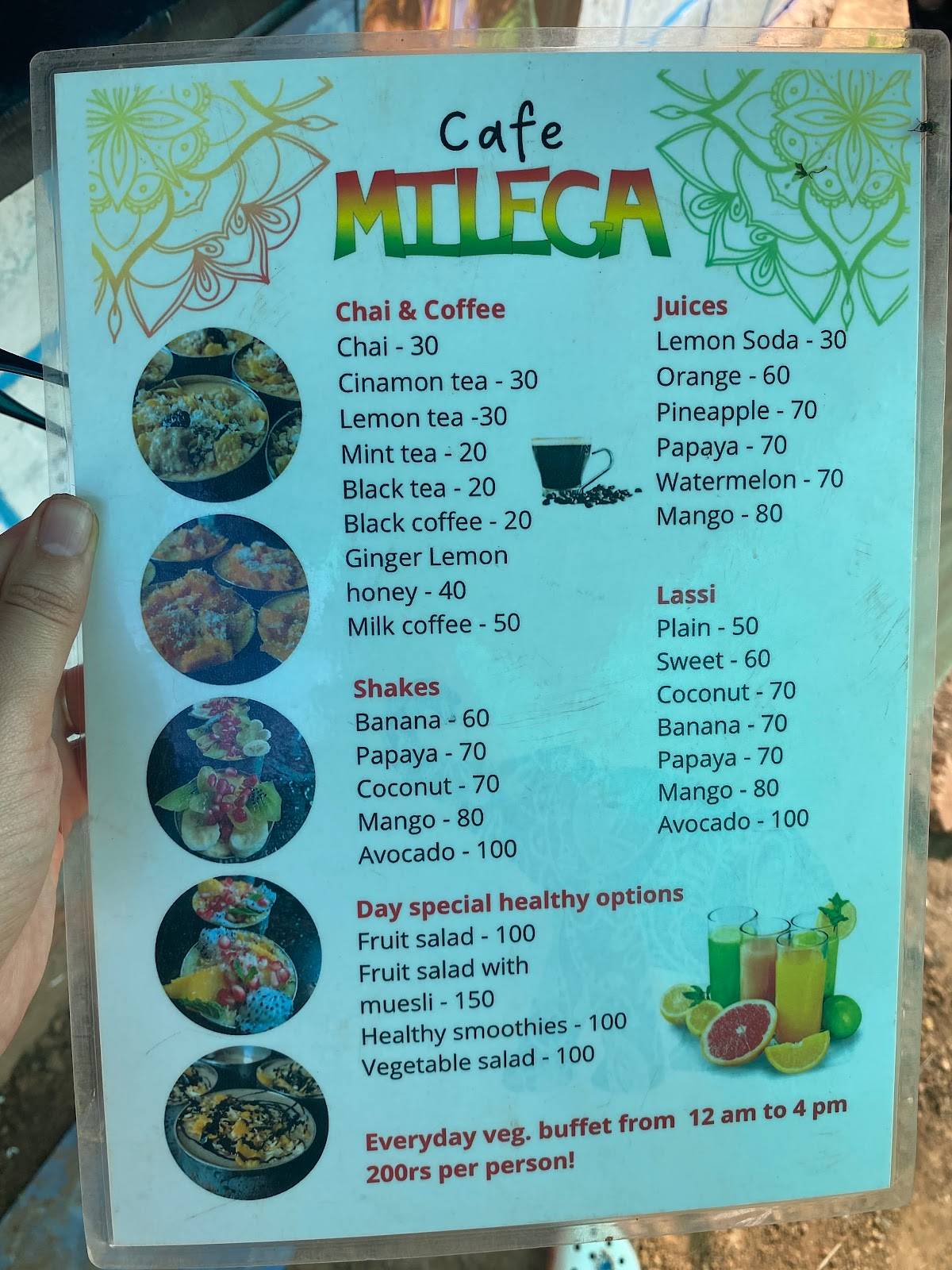 Menu at Cafe Milega, Arambol, Pernem Road