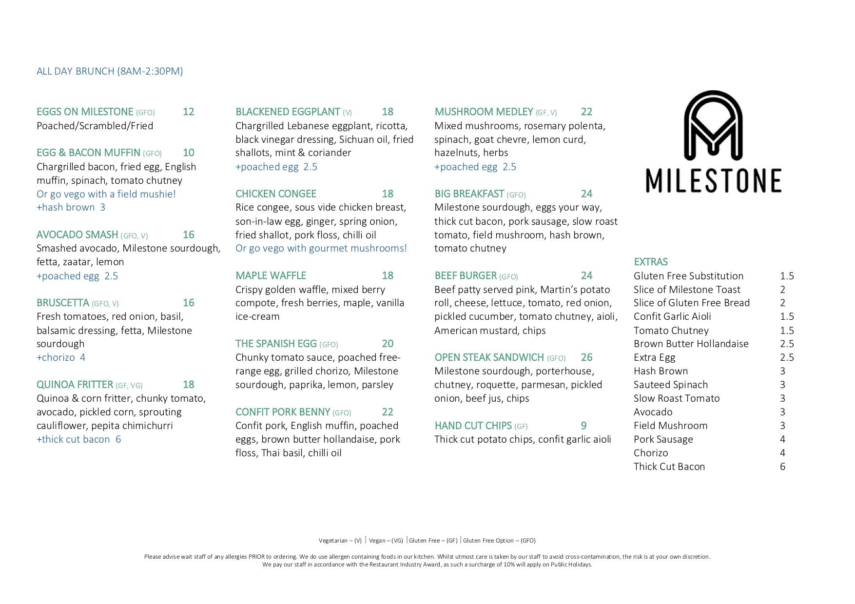 Menu at Milestone Cafe & Bistro, Kialla