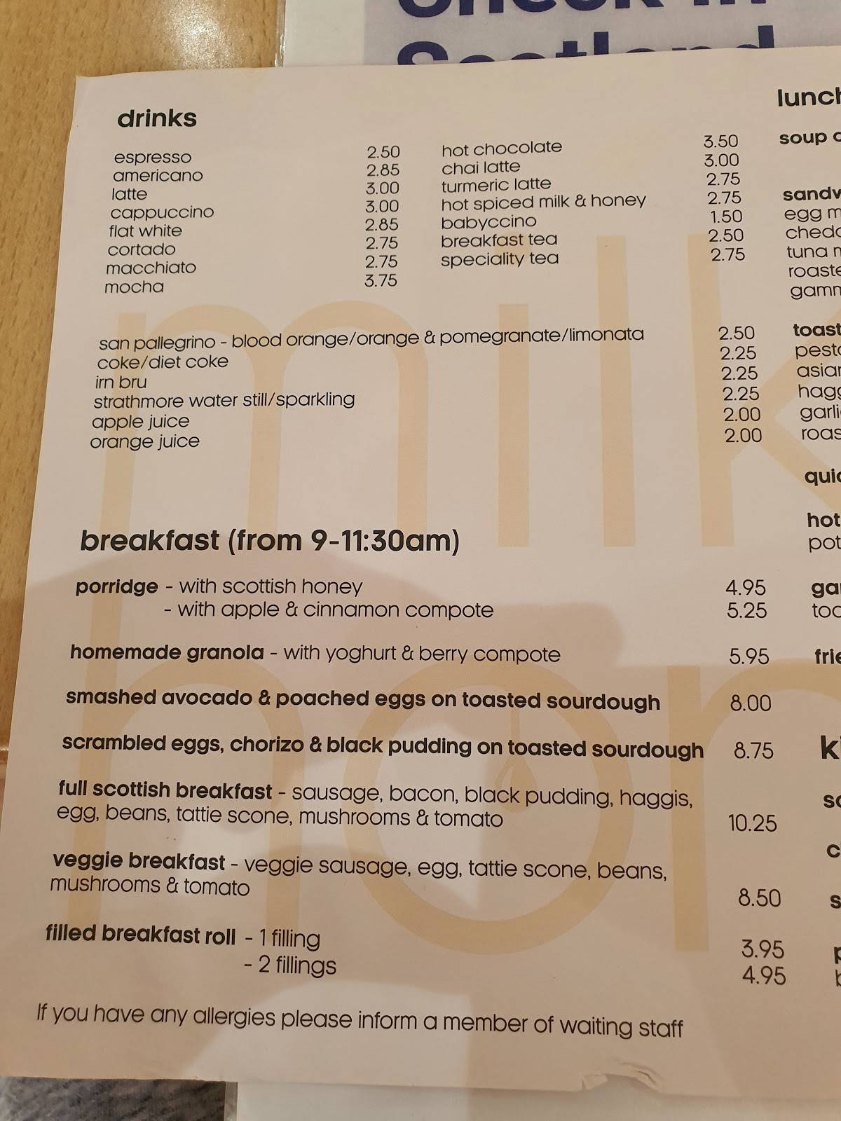 Menu at Milk & Honey cafe, Dornoch