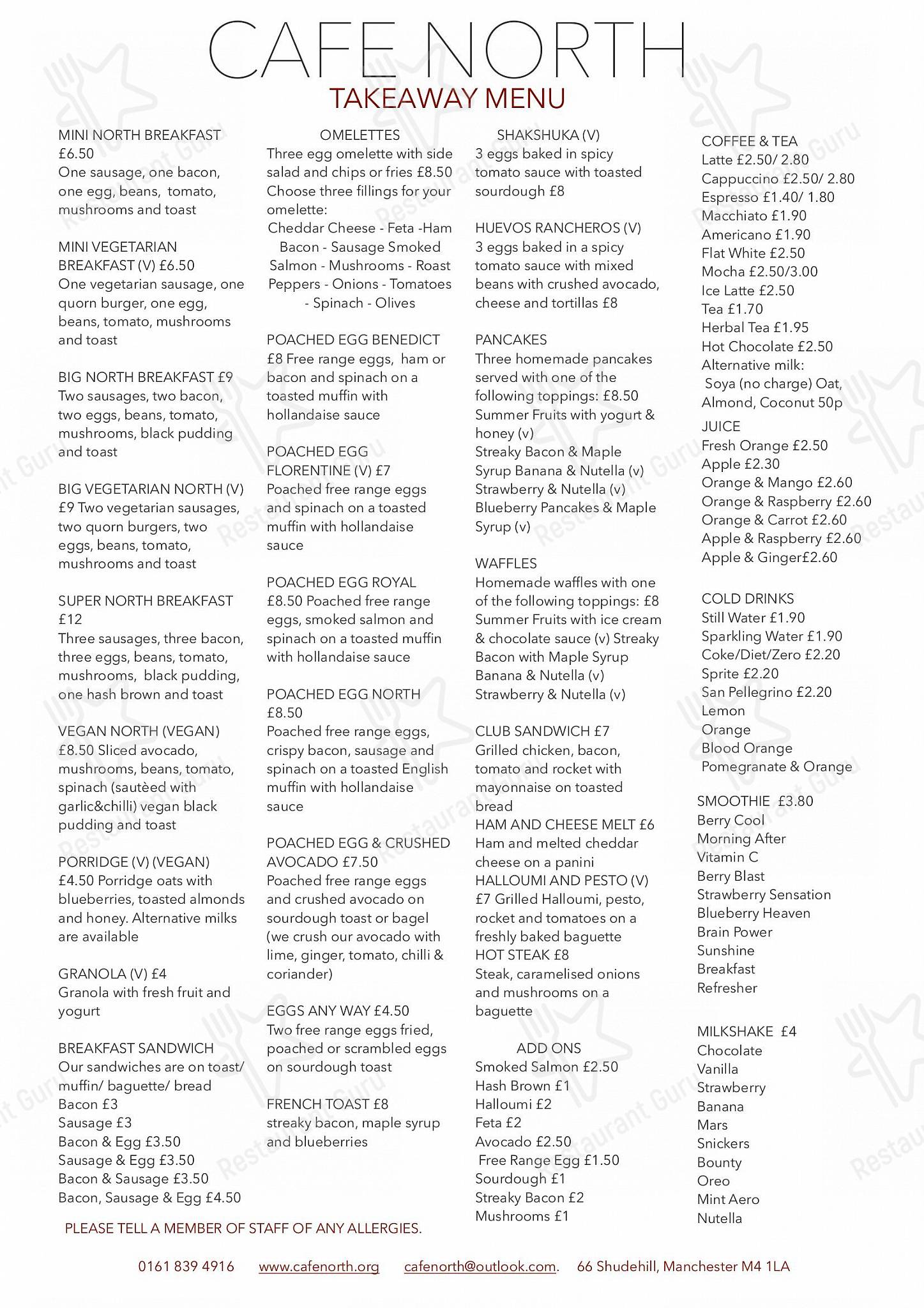 Menu at Cafe North, Manchester, 66 Shudehill