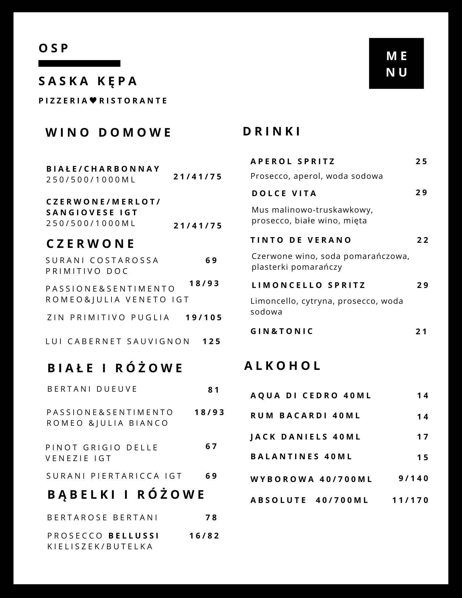 Menu at OSP SASKA KĘPA PIZZA I WINO cafe, Warsaw