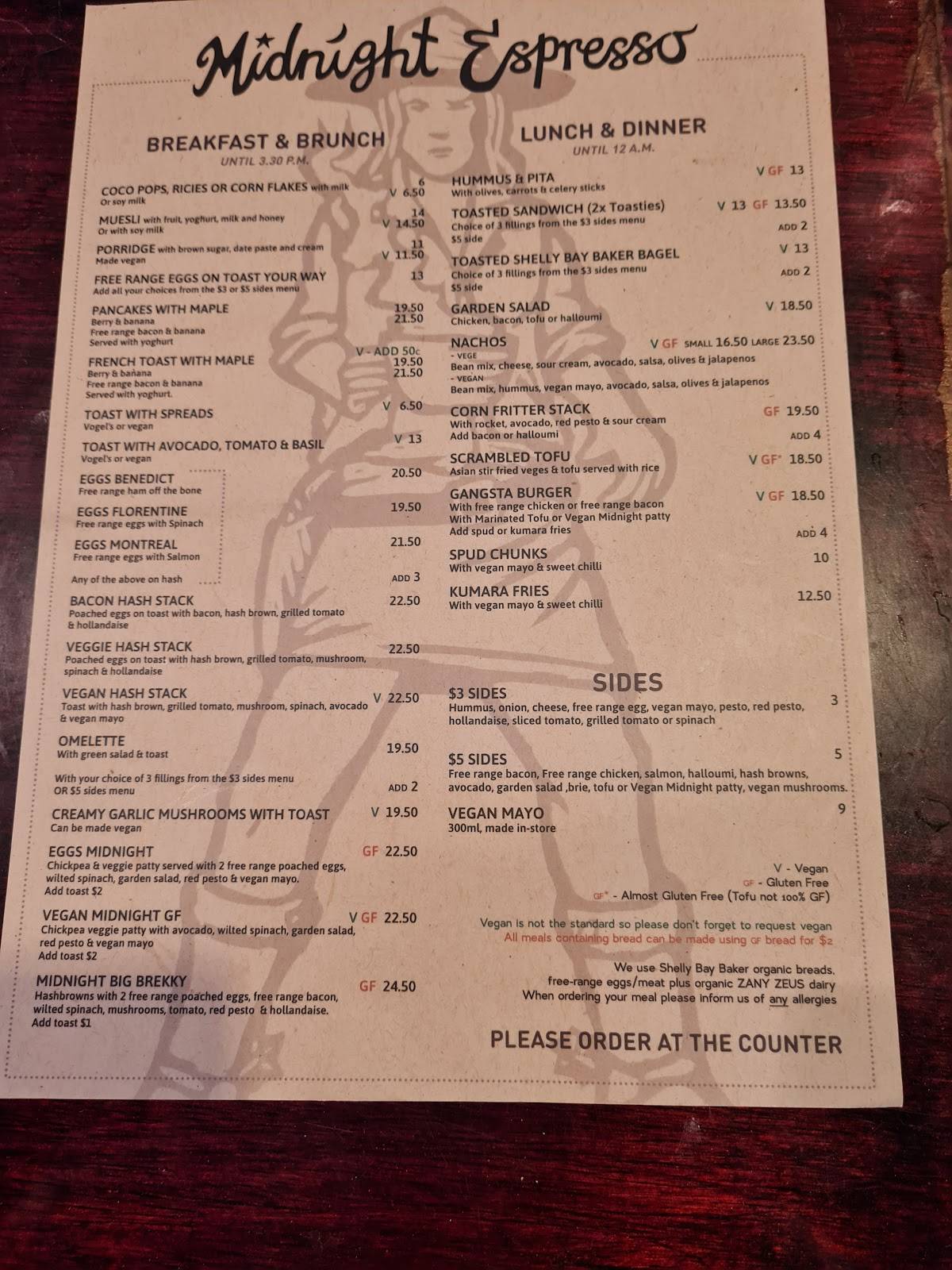 Menu at Olive cafe, Wellington