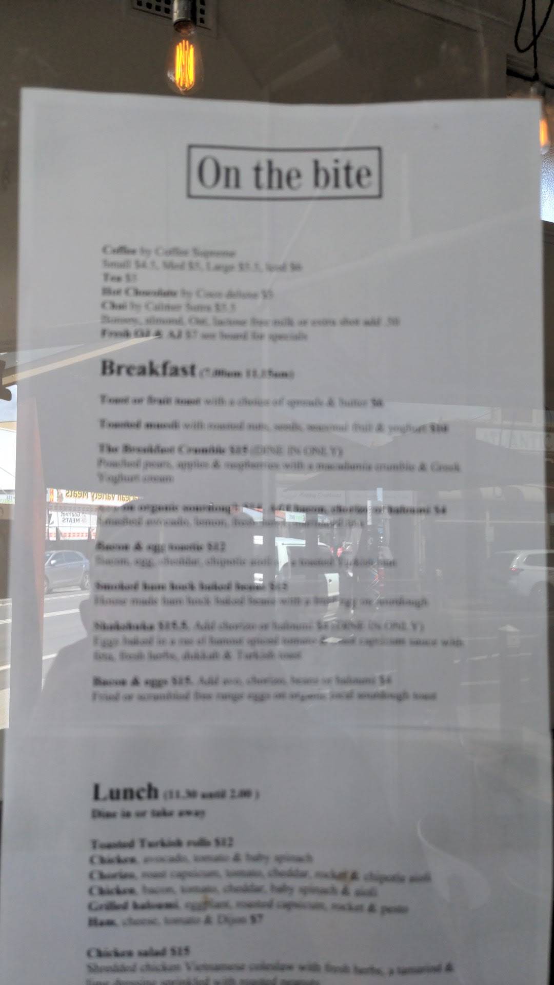 Menu at On The Bite cafe, Maclean