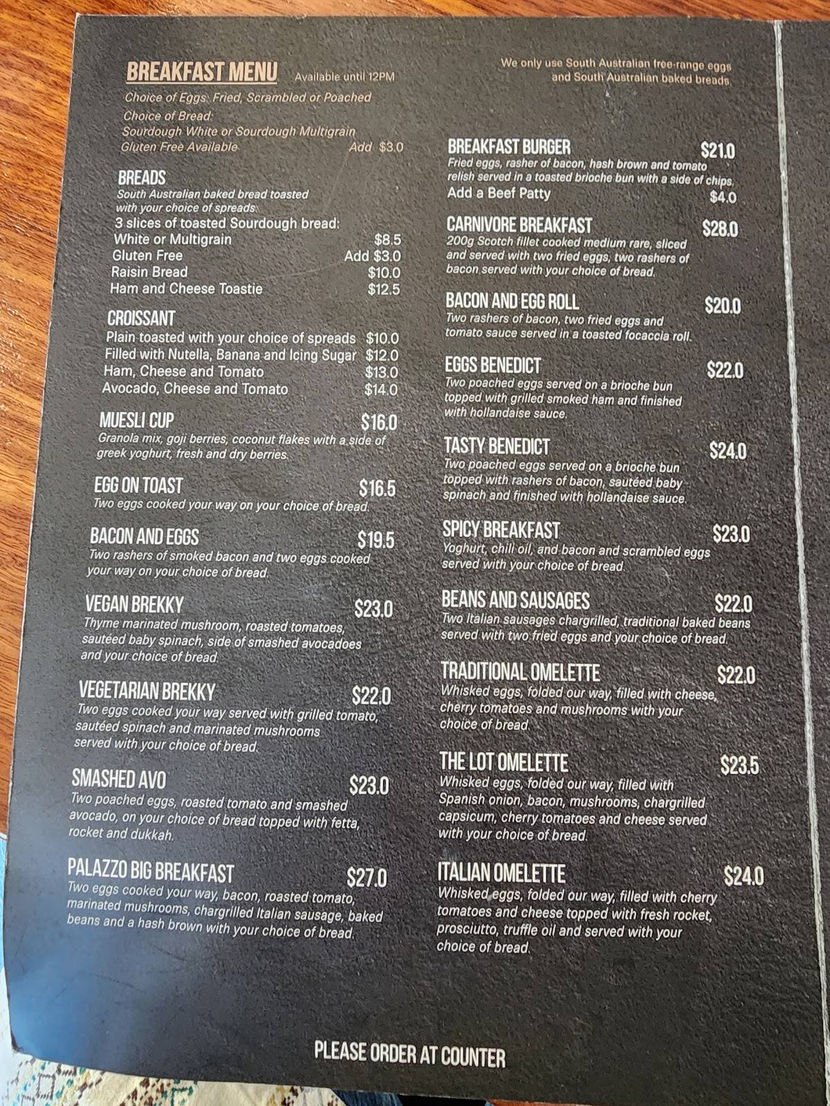 Menu at Cafe Palazzo, North Adelaide, 180 O'Connell St