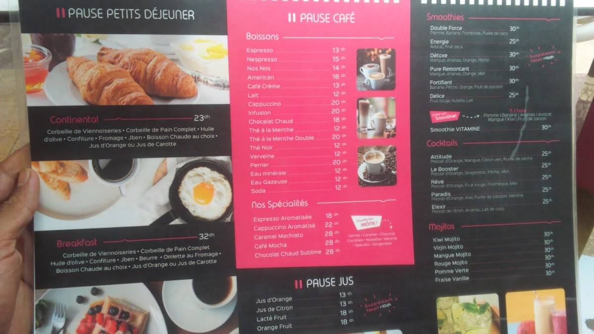 Menu au Pause Café, Agadir