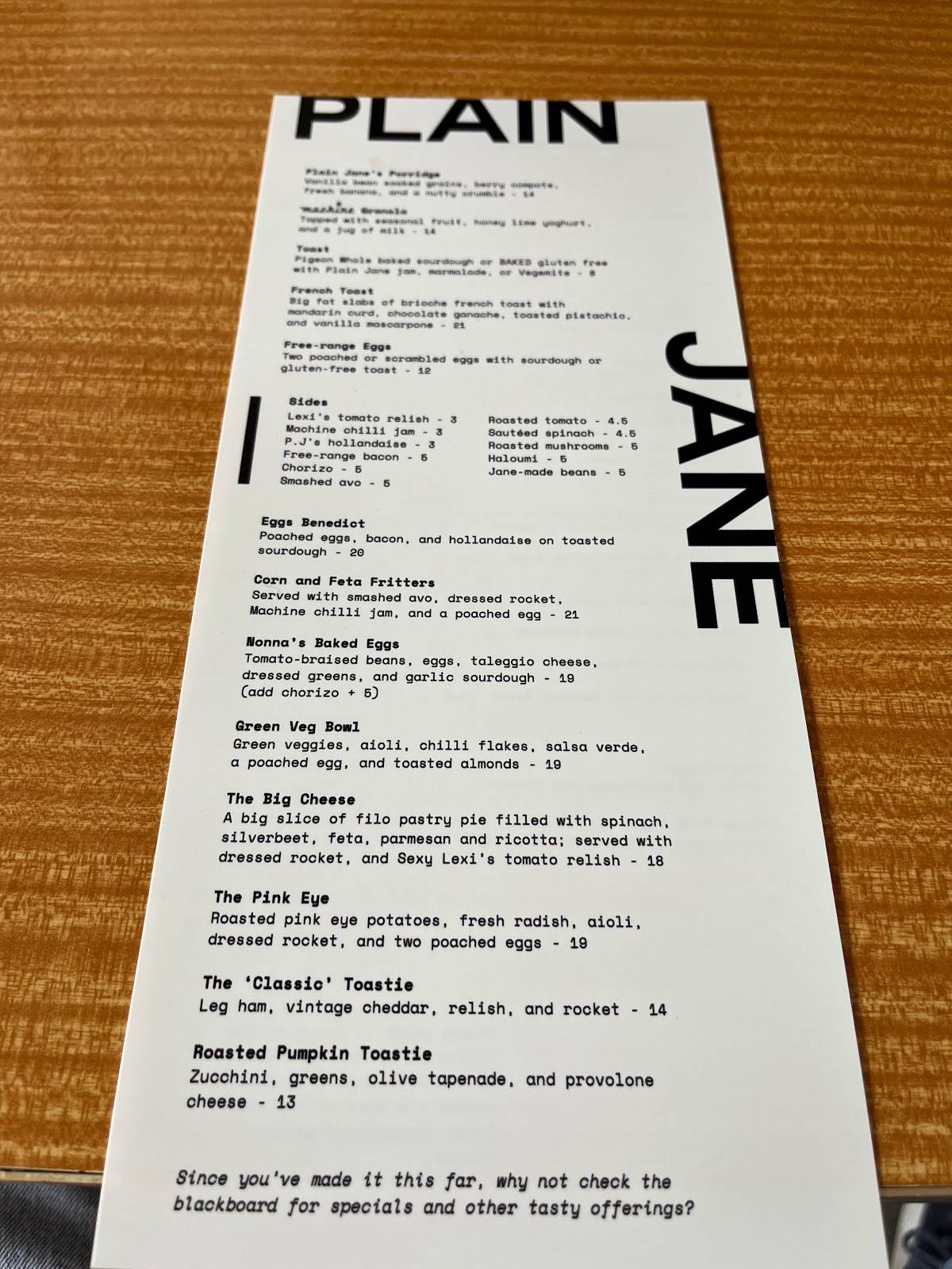 Menu at Plain Jane cafe, Moonah