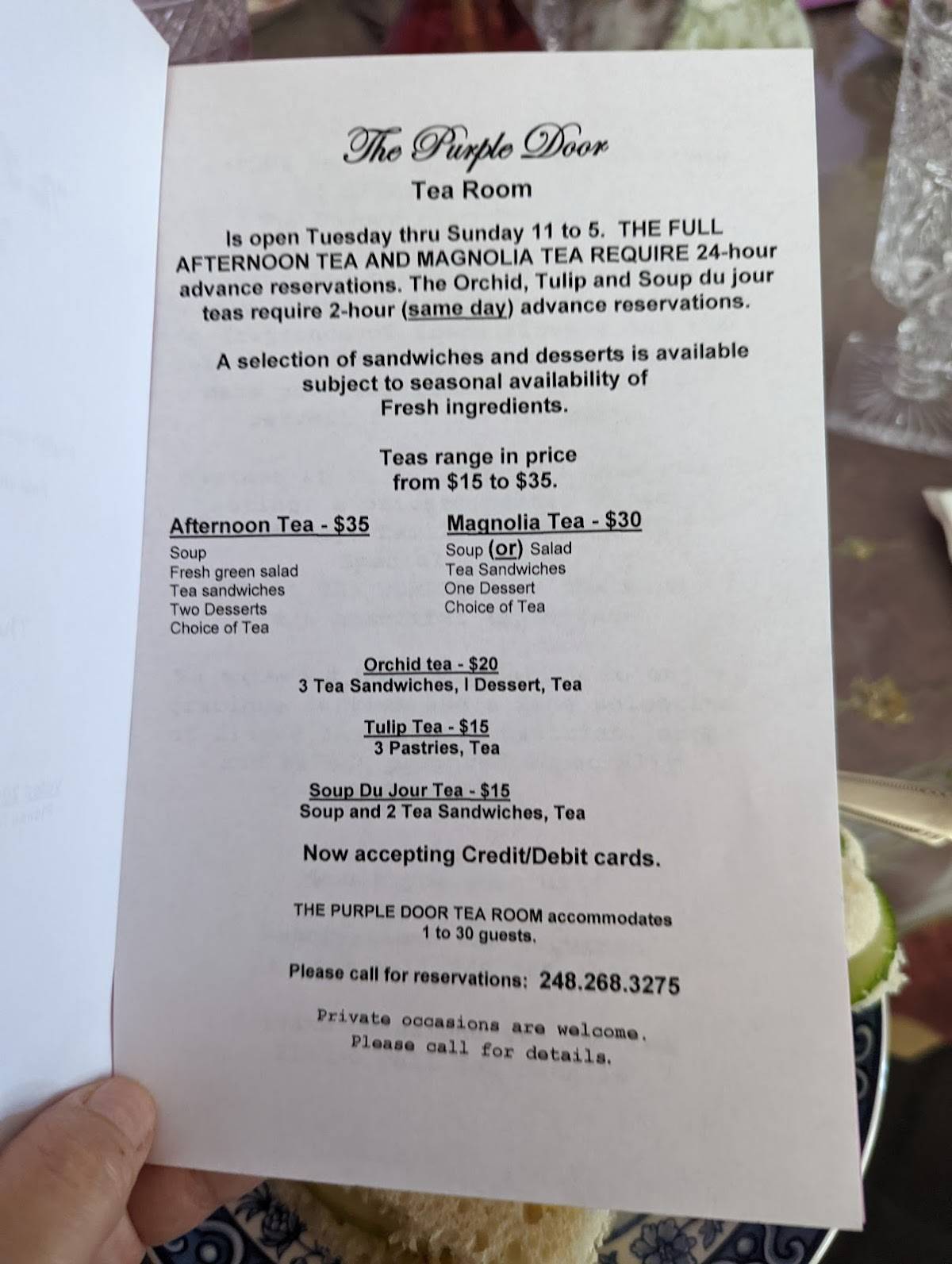 Menu at Purple Door Tearoom cafe, Ferndale