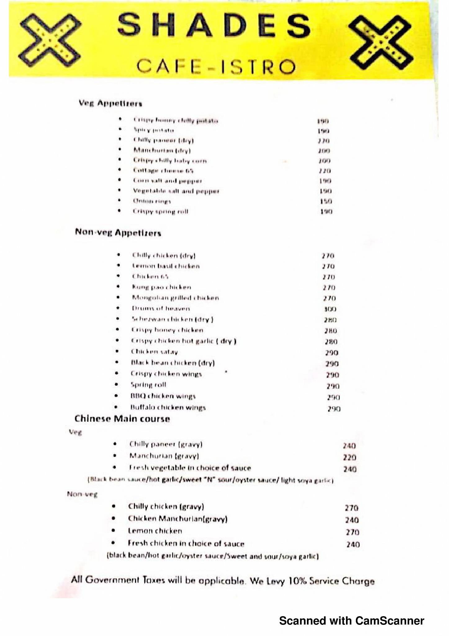 Menu at Shades cafe & istro, New Delhi