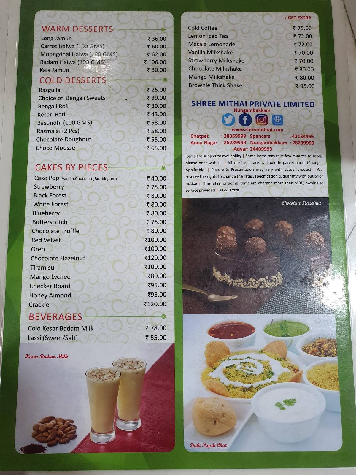 Menu at Shree Mithai, Chennai, Ground Floor