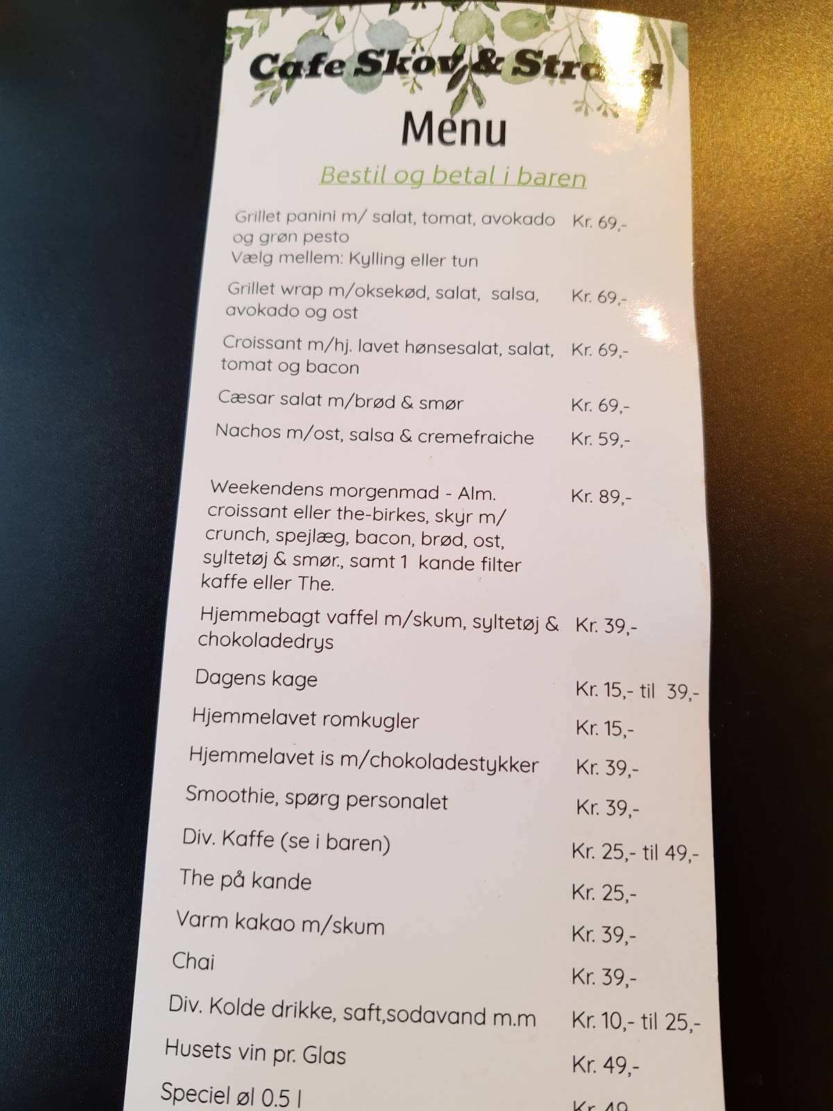 Menu at Cafe Skov & Strand, Denmark
