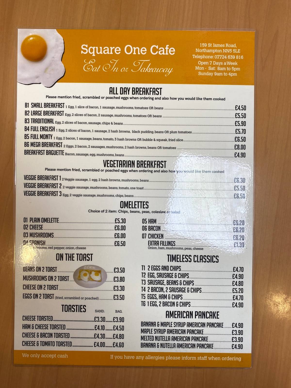 Menu at Square One cafe, Northampton