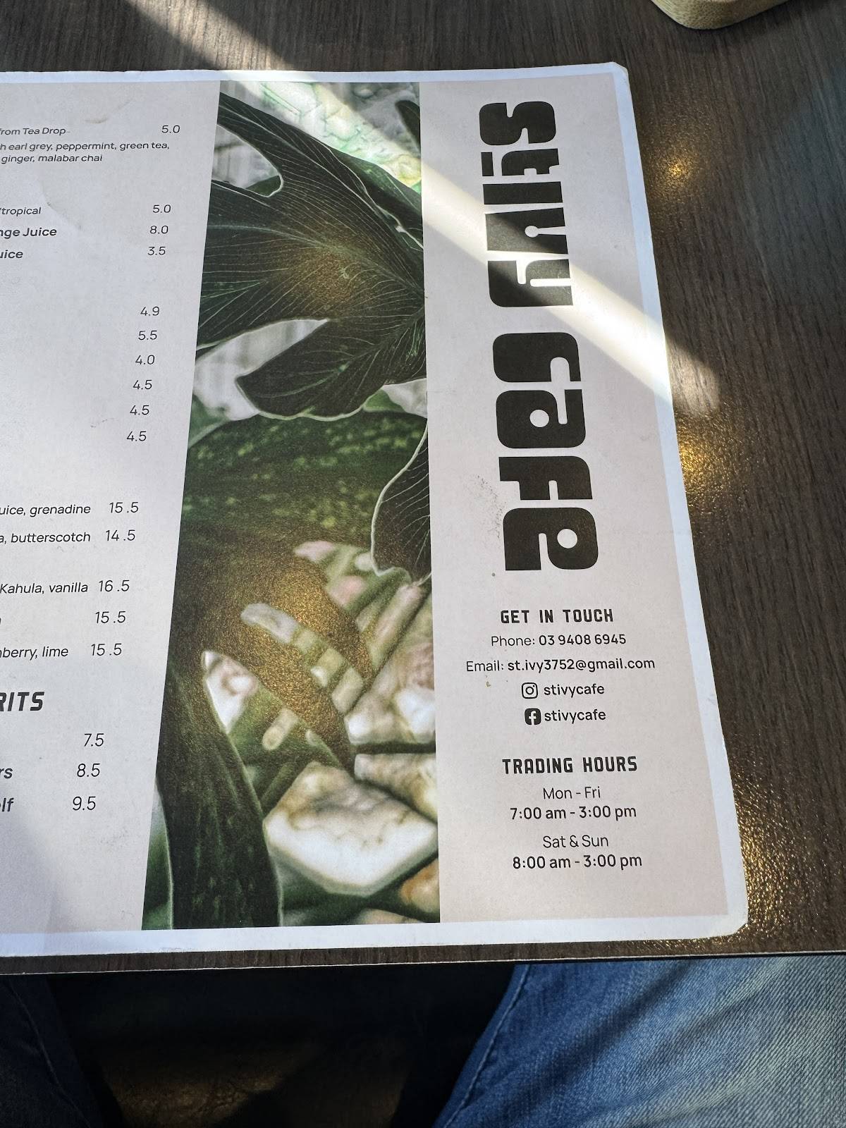 Menu at St Ivy Cafe, South Morang