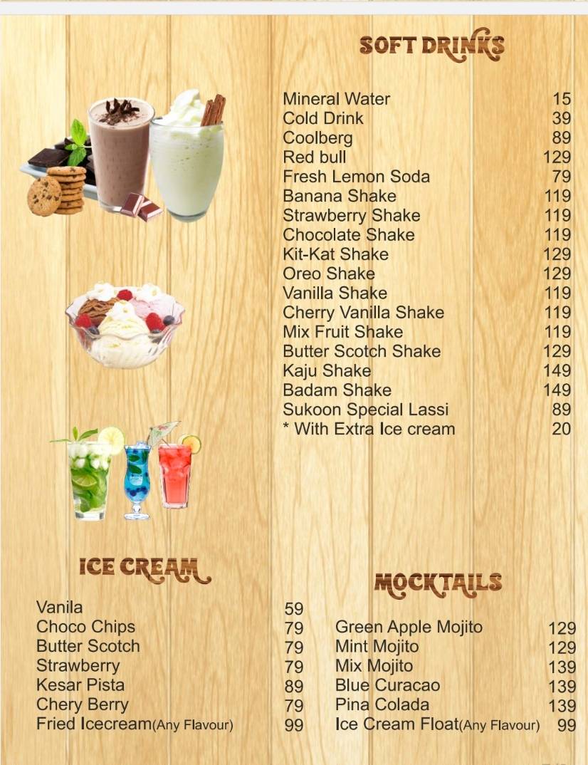 Menu at Sukoon Cafe, Bhopal