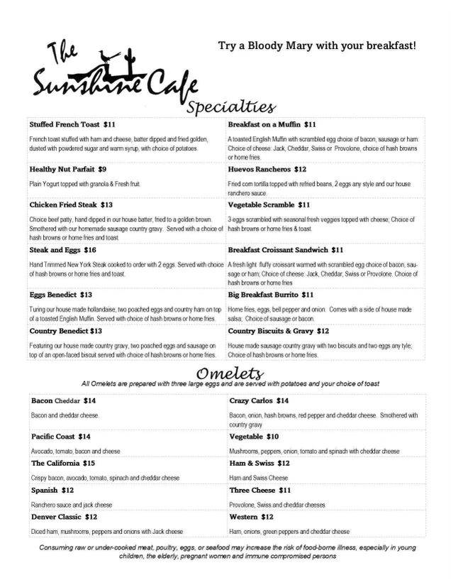 Menu at Sunshine Café restaurant, Desert Hot Springs, Palm Dr