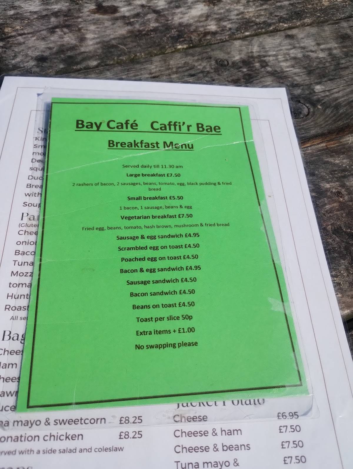 Menu at The Bay Cafe, Benllech