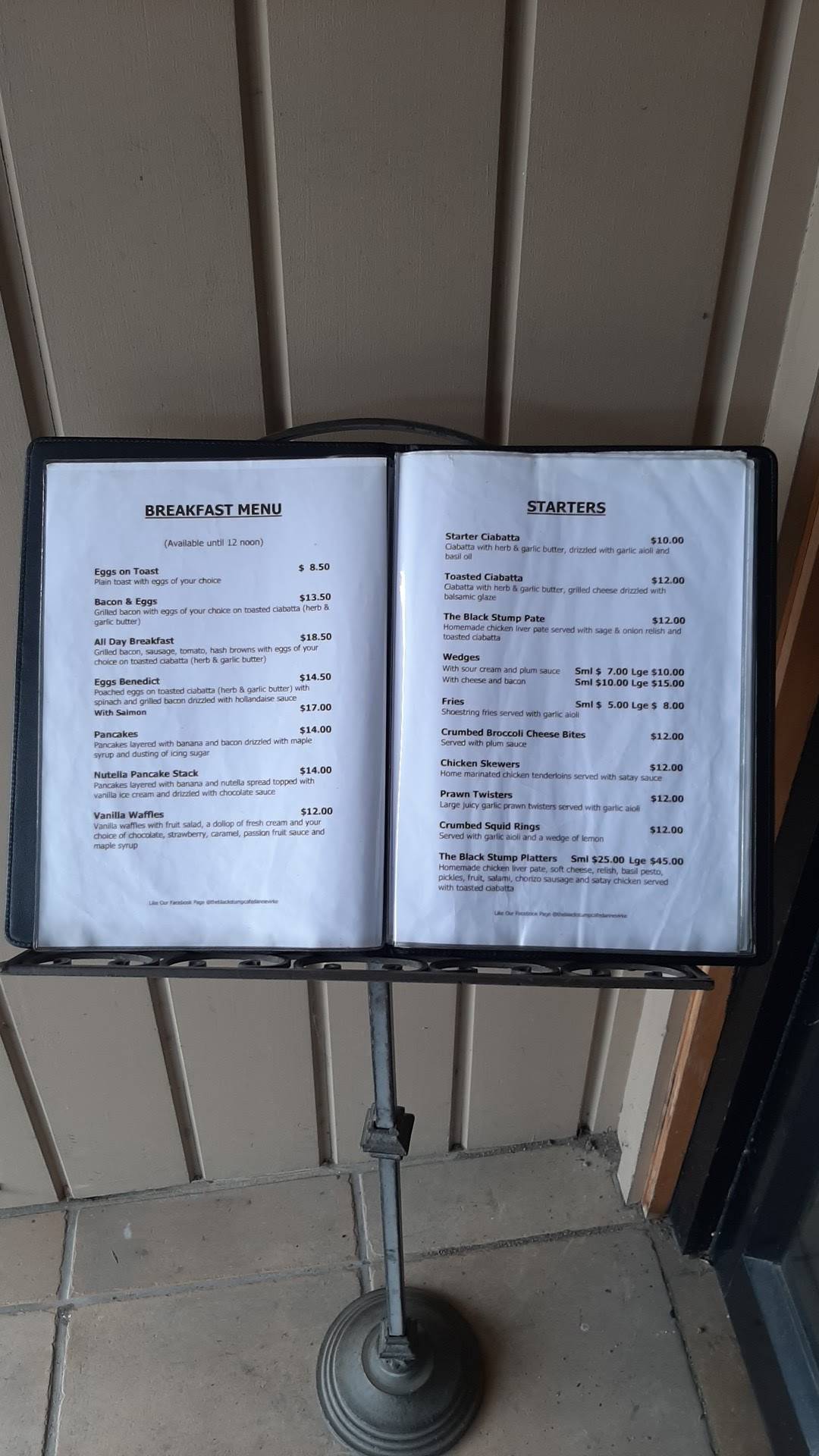 Menu at The Black Stump Cafe, Dannevirke