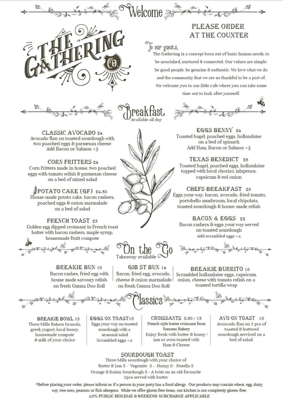 Menu at The Gathering Cafe Bungendore, Bungendore